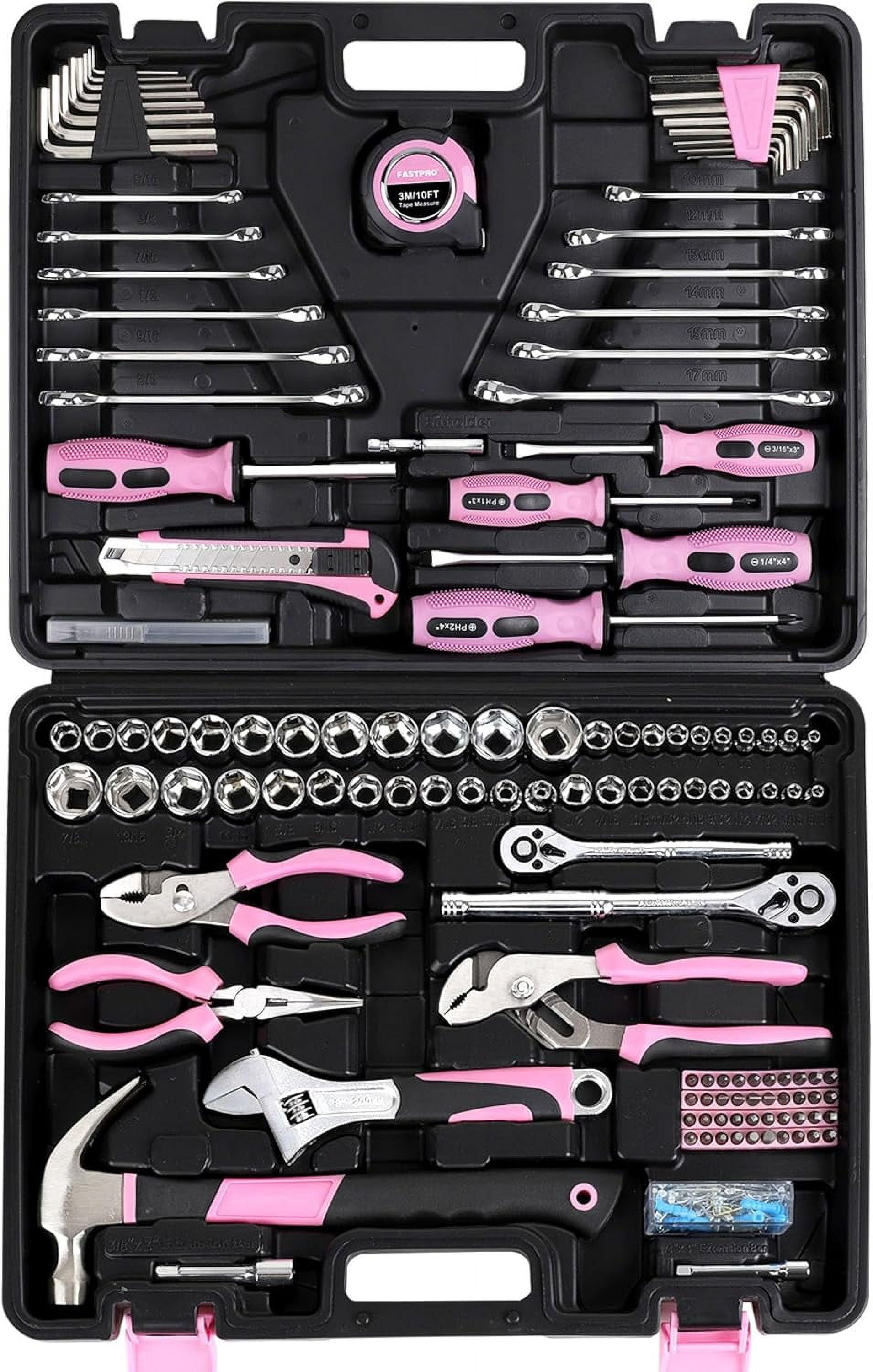 225-Piece Pink Tool Set, SAE & Metric Mechanics Hand Tool Set with ...