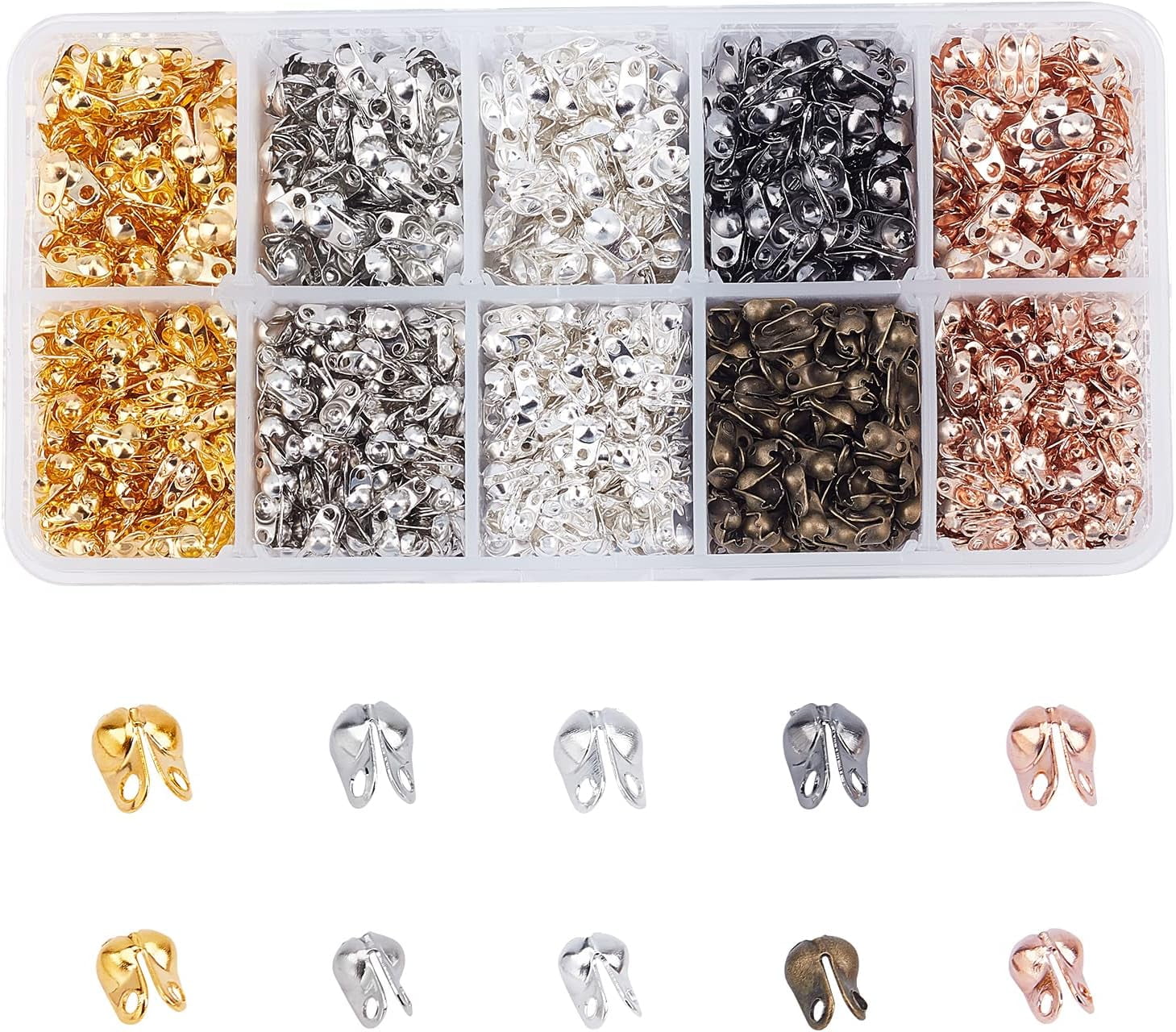 2250 Pcs Open Bead Tips Knot Covers with 2 Loops Cup Clamshell Fold ...