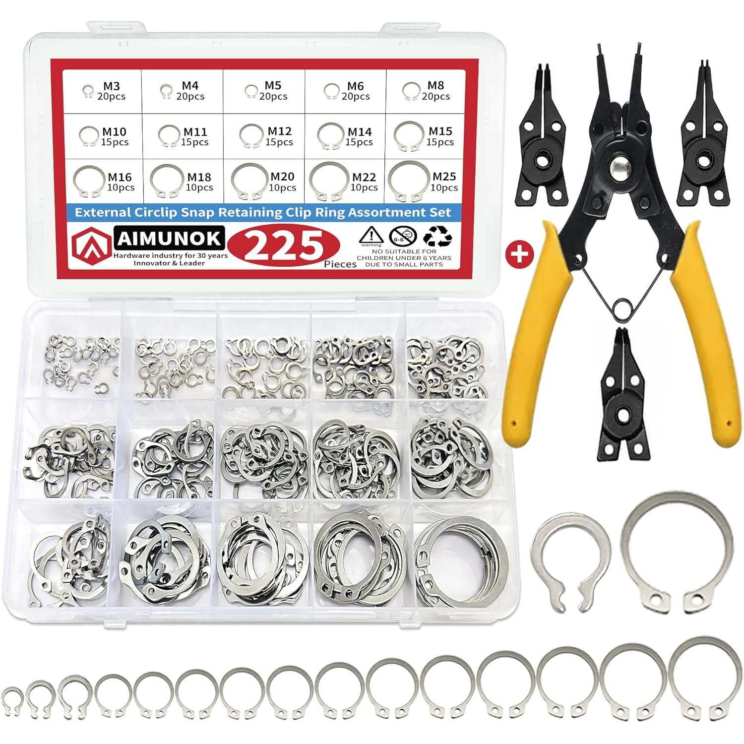225Pcs External Retaining Rings Snap Rings Assortment Kit, 304 ...