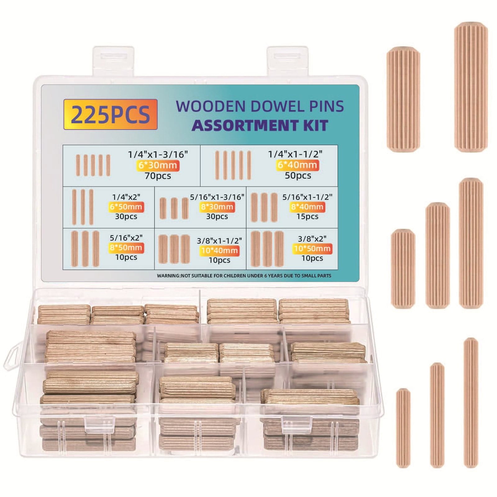 225Pcs Wooden Dowel Pin Dried Fluted Beveled Hardwood Furniture ...
