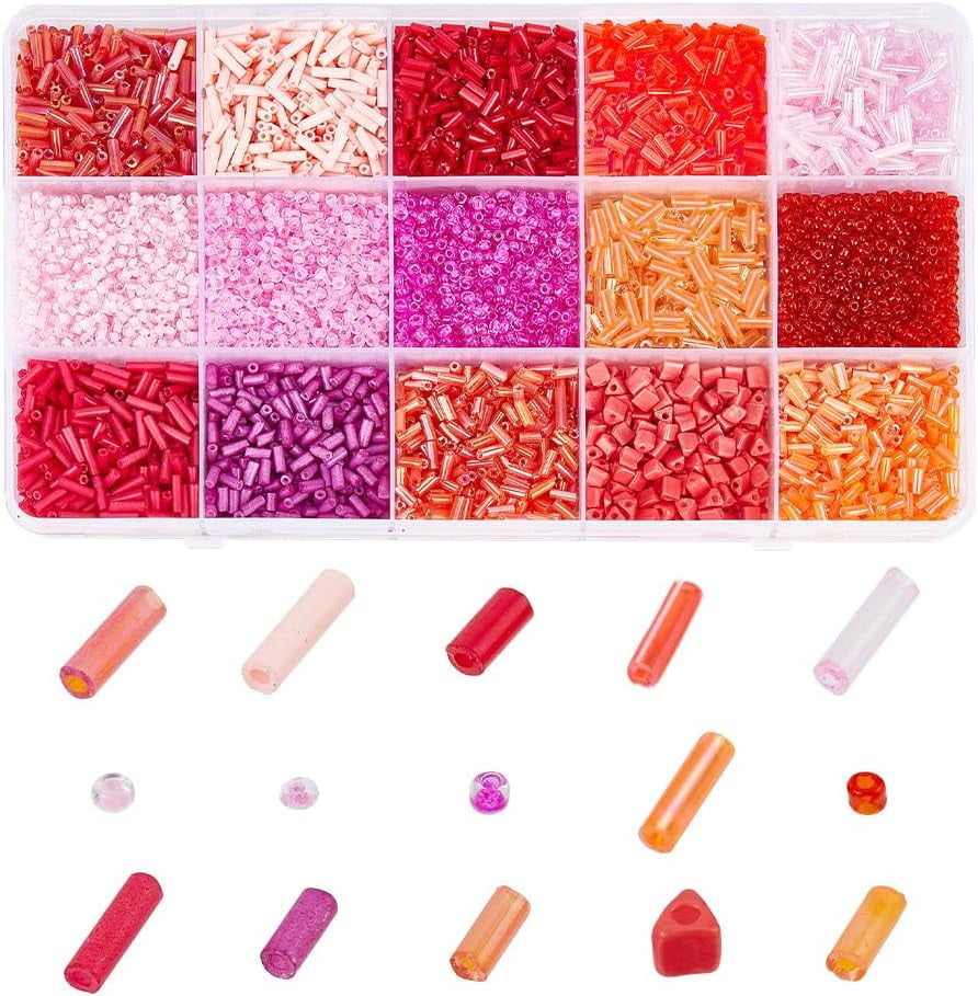 225g 8218 Pcs Red Series Glass Bugle Seed Beads Mixed Styles Long Tube ...