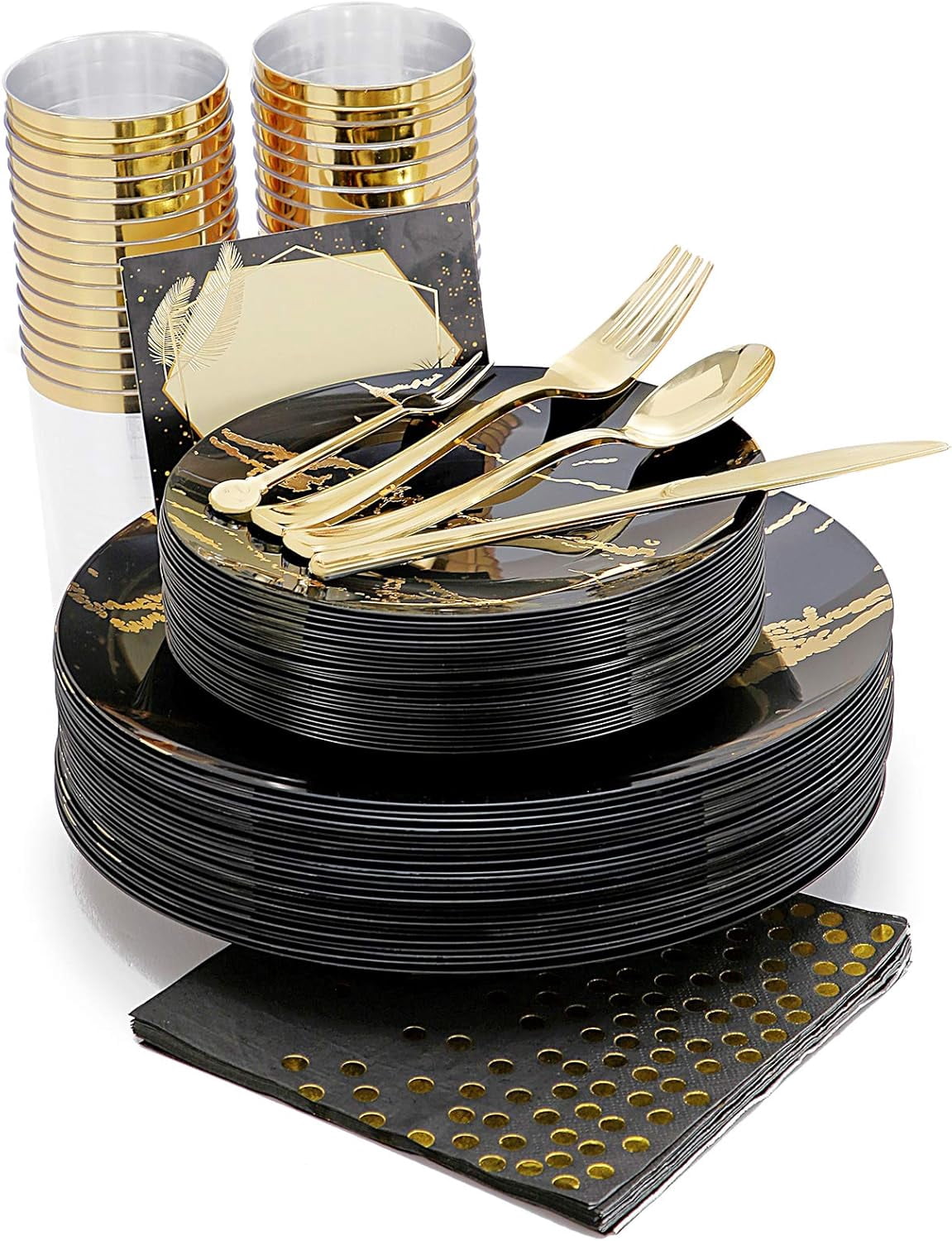 225pcs Black Gold Plastic Plates, Disposable Dinnerware Set Include 25 ...