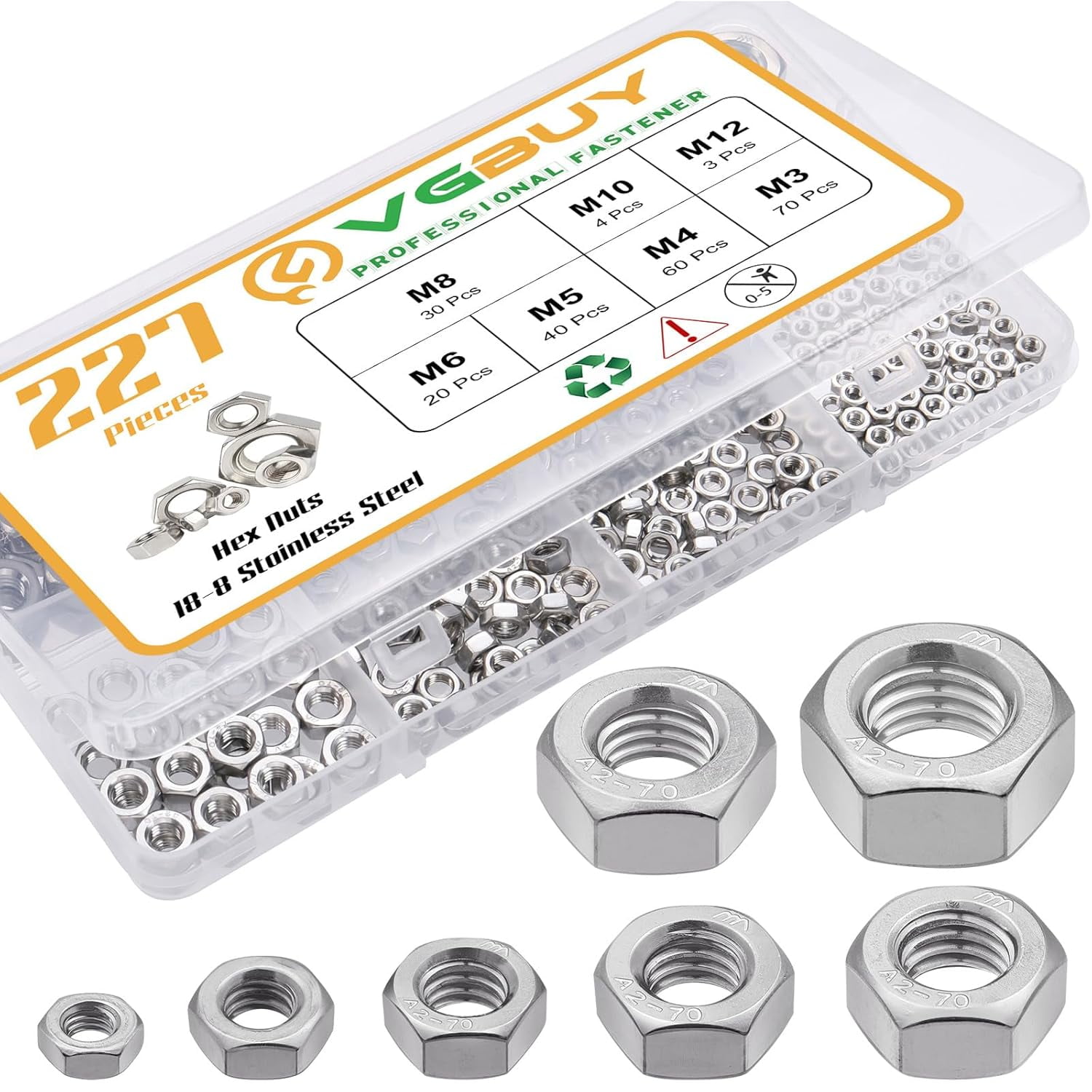 227pcs Metric Hex Nuts Assortment Kit M3 M4 M5 M6 M8 M10 M12,304 Stainless Steel 18-8 External ...