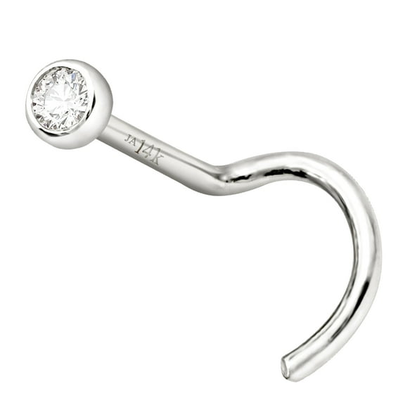 22G 14K White Gold Bezel Set Diamond Nose Screw Nose Stud - April ...