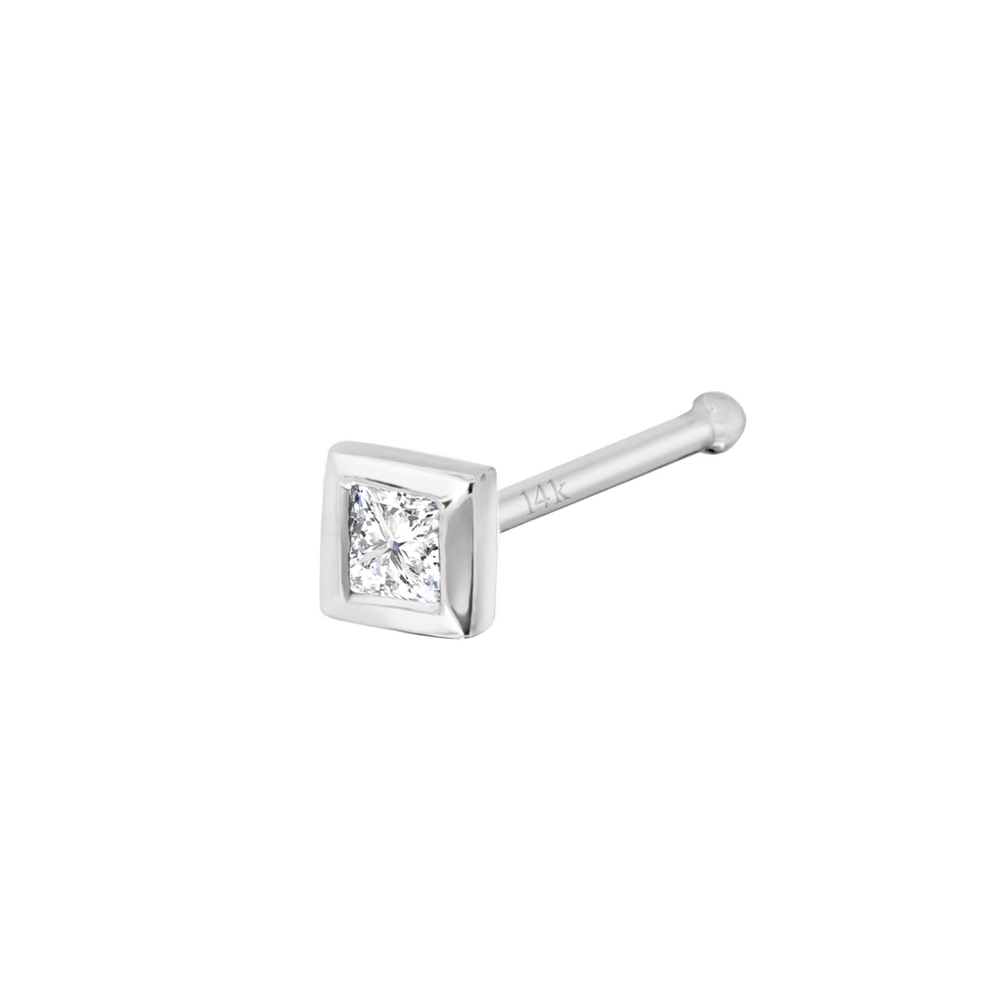 22G 14K White Gold Bone-end Nose Stud Bezel Set 0.035ct Princess Cut ...