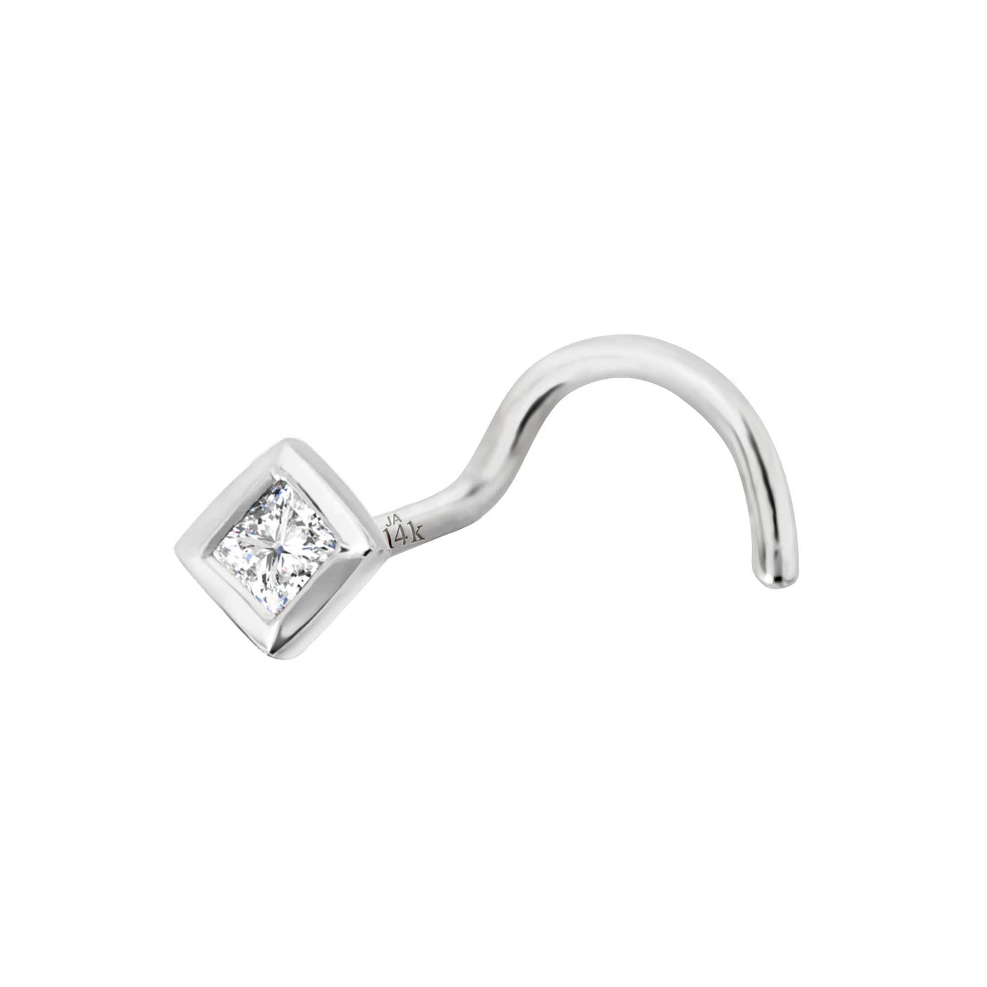 22G 14K White Gold Cork Screw Nose Stud Bezel Set 0.035ct Princess Cut ...