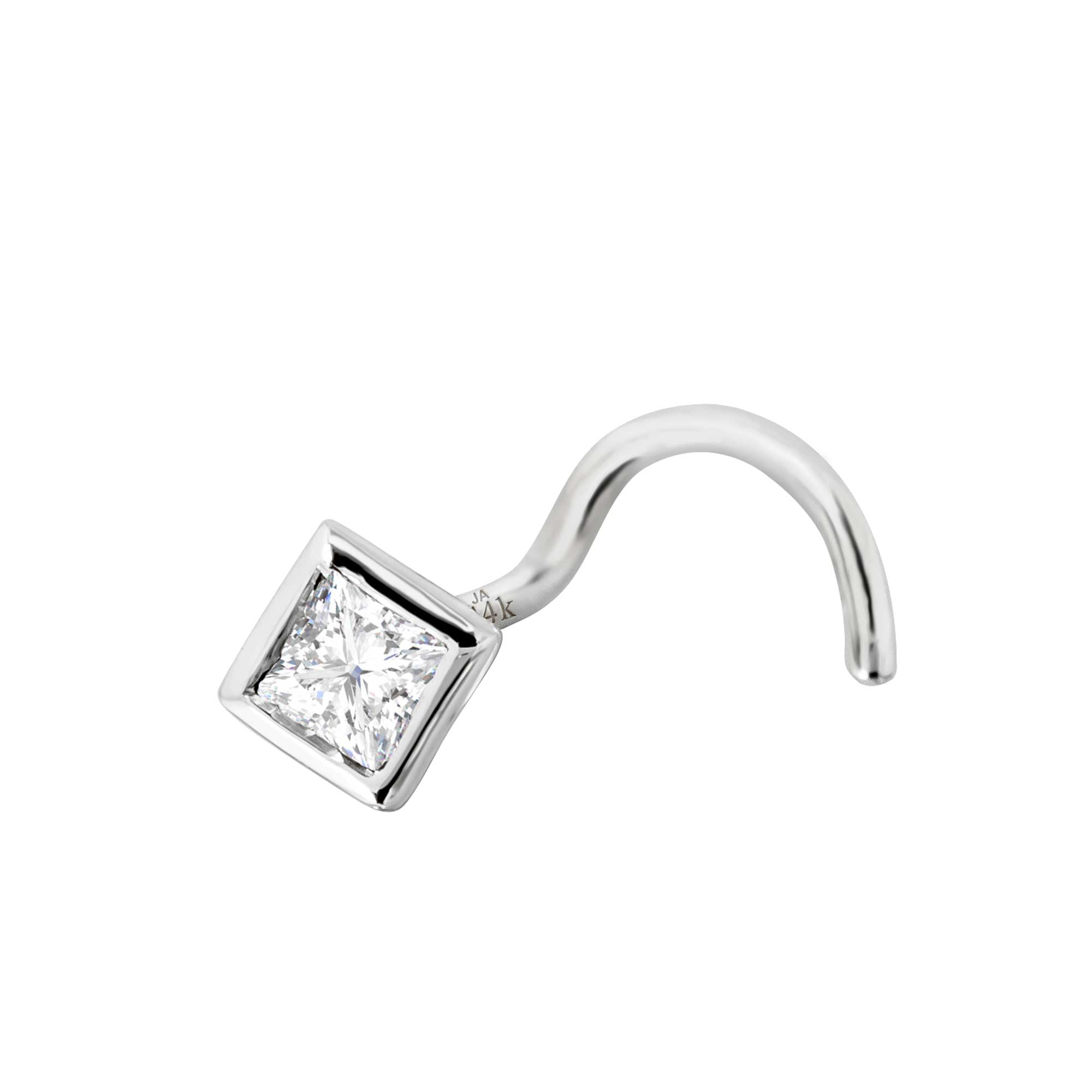 22G 14K White Gold Cork Screw Nose Stud Bezel Set 0.05ct Princess Cut ...