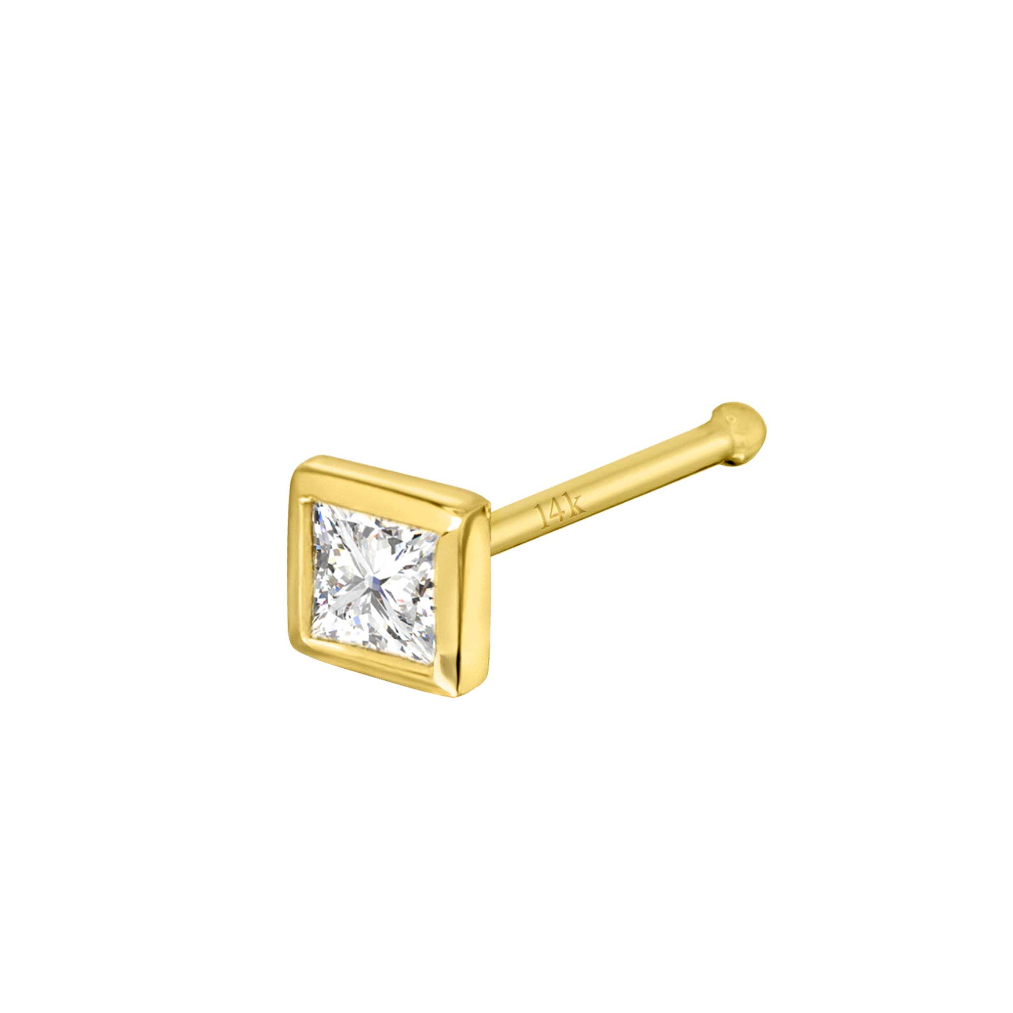 22G 14K Yellow Gold Bone-end Nose Stud Bezel Set 0.05ct Princess Cut ...