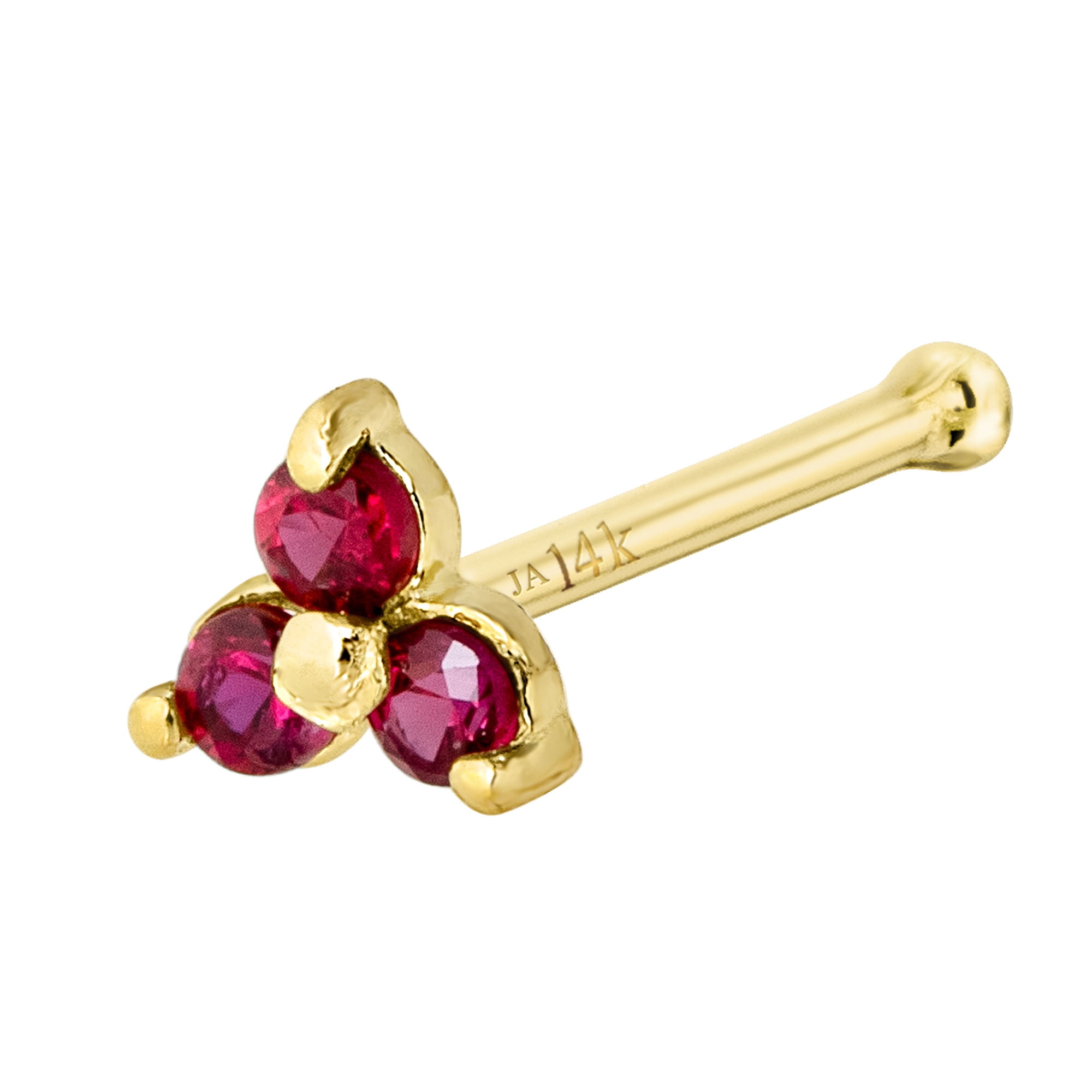 22G Solid 14K Yellow Gold 3-Stone 0.030ctw Ruby Ball-end Nose Stud ...