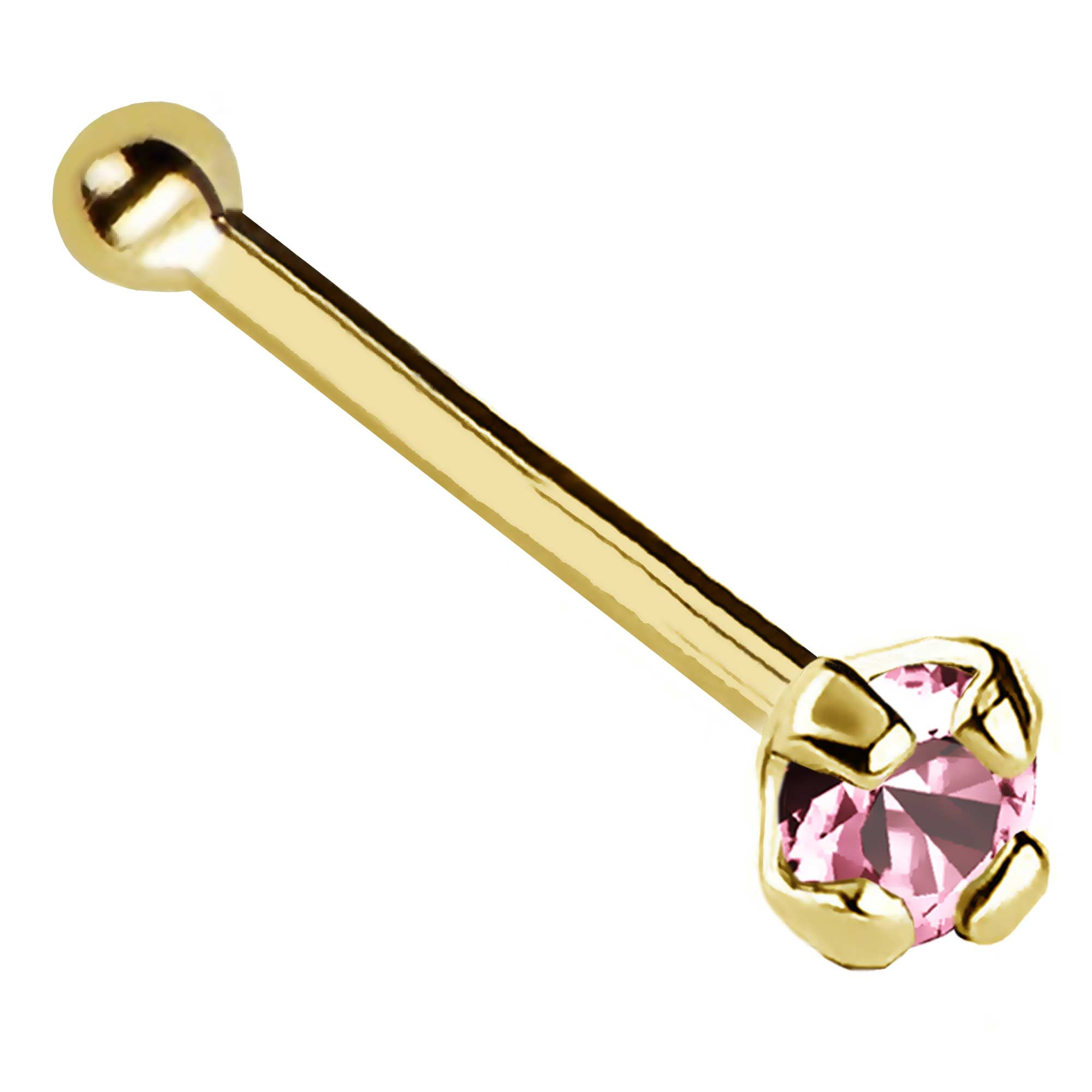 22G Solid 14Kt Gold Nose Bone Stud with Prong Set real Pink Tourmaline ...