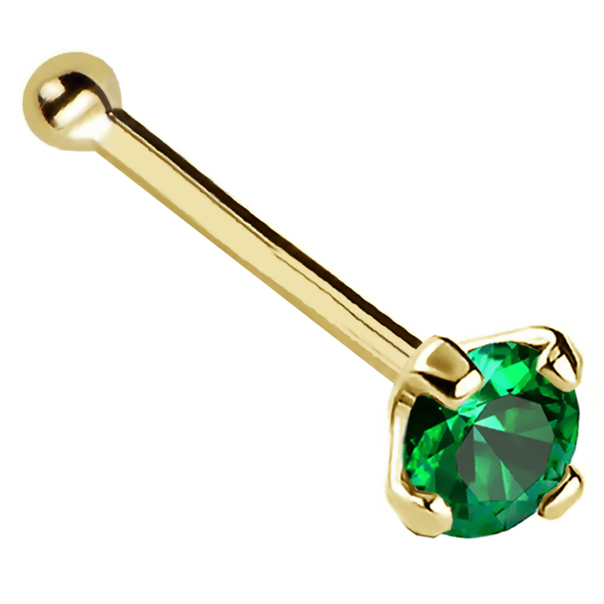 22G Solid 14Kt Gold Nose Bone Stud with Prong Set real Emerald Gemstone ...