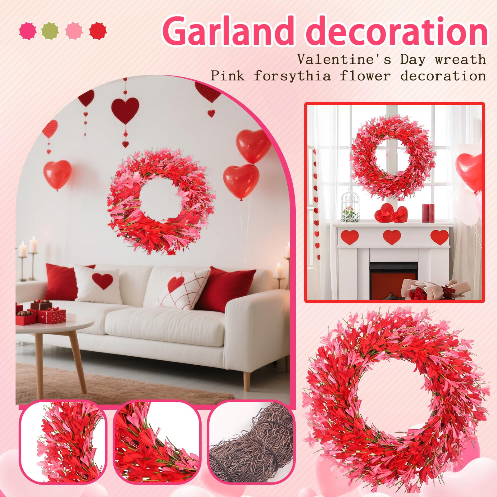 22IN Valentines Day Wreath Decorations, Wreath for Front Door, Red Pink ...