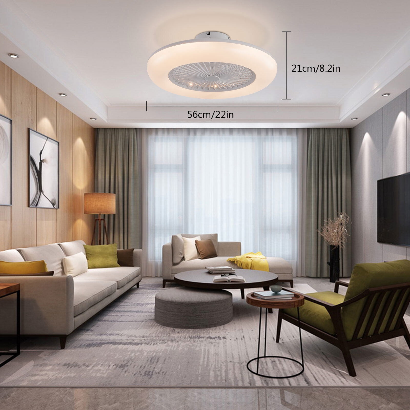 22Inch Invisible Ceiling Fan Light Modern LED 3 Colors Chandelier Lamp ...