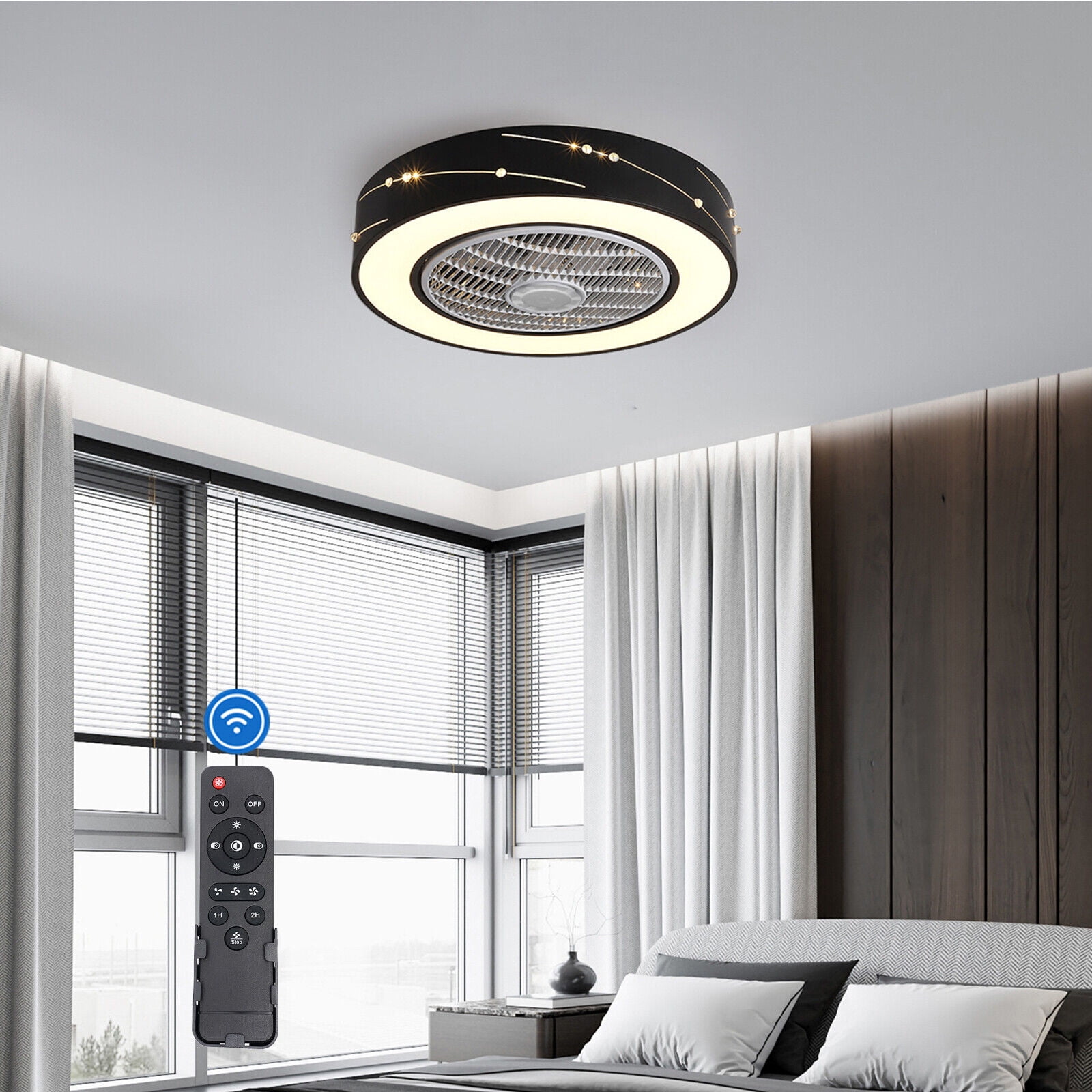 22Inch Modern Ceiling Fan with Light,Round Invisible Semi Flush Mount ...