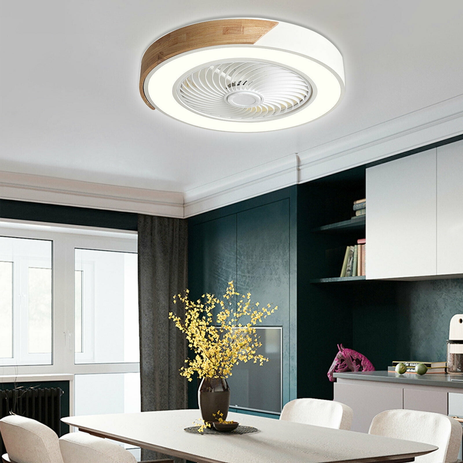 Modern Creative 22” White LED Semi Flush Mount Ceiling Fan Light with ...