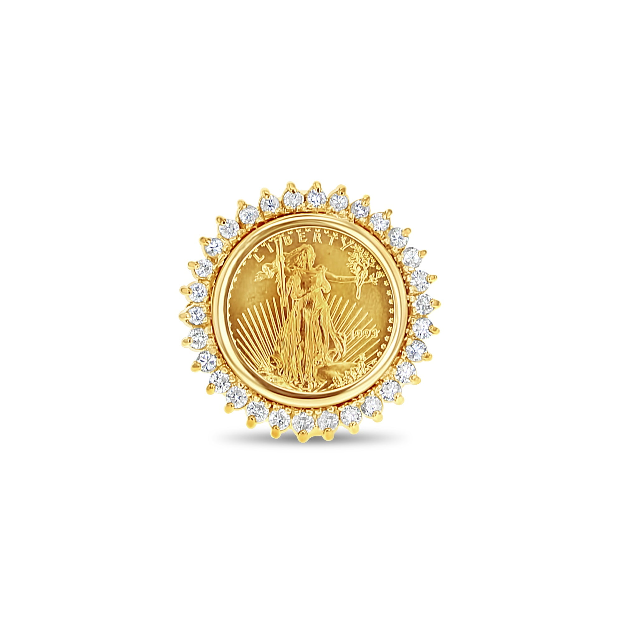 22K Fine Gold Lady Liberty Coin Ring w/ Diamond Halo .66cttw 14k Yellow ...