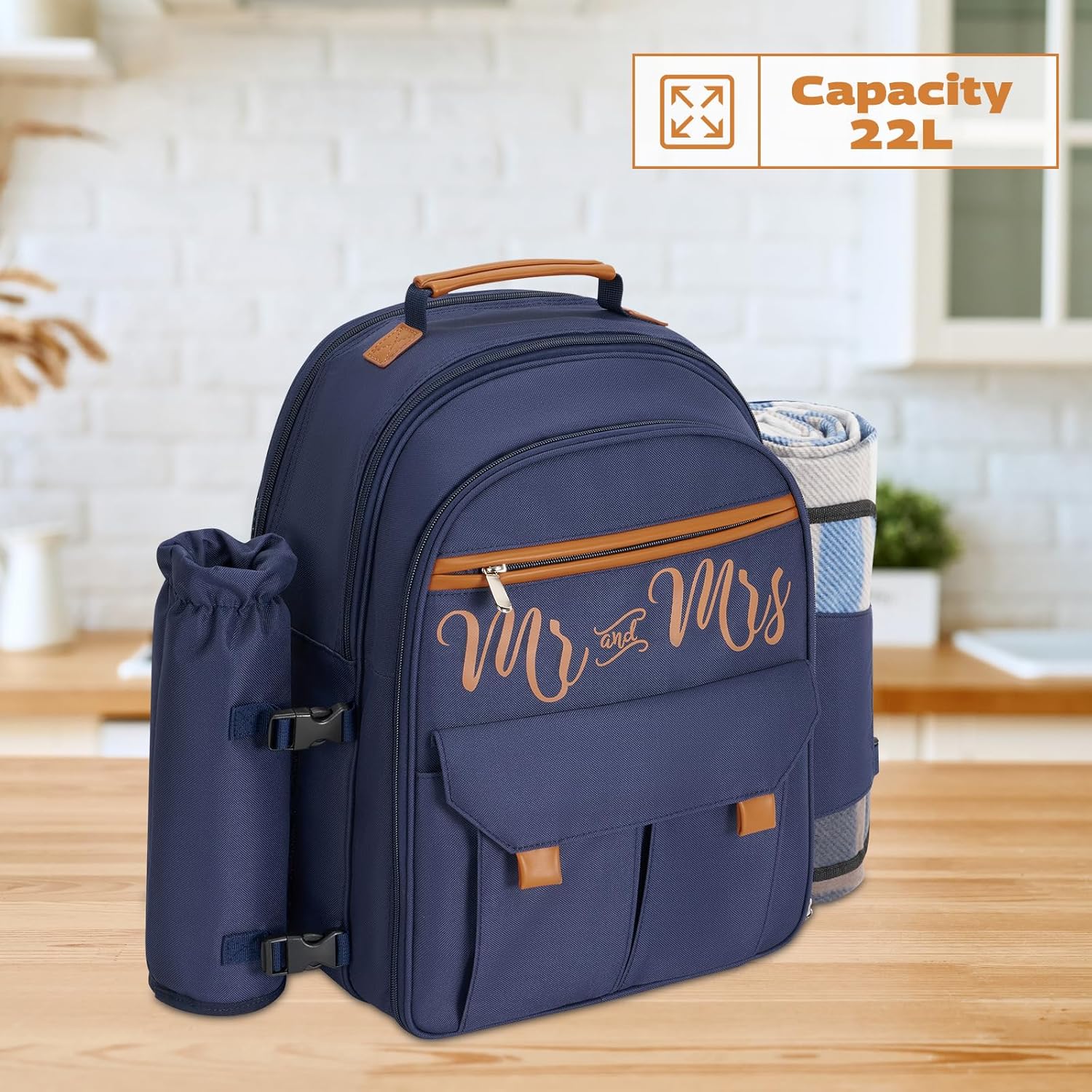 22L Blue Insulated Picnic Backpack for 2, Leak Proof Cooler Camping ...