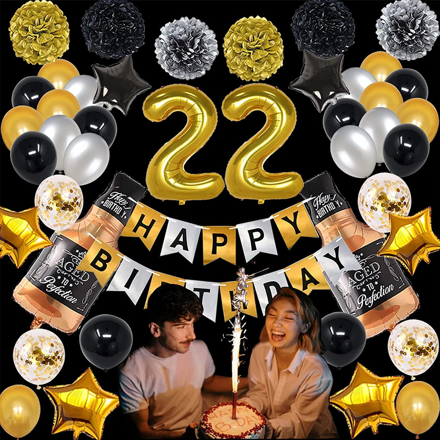 22Nd Gold Birthday Decorations,Gold Black Silver Happy Birthday ...