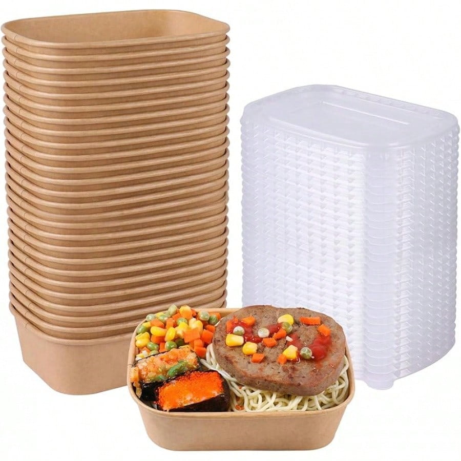 22OZ Disposable Kraft Paper Bowls With Lids, Rectangle Food Containers ...