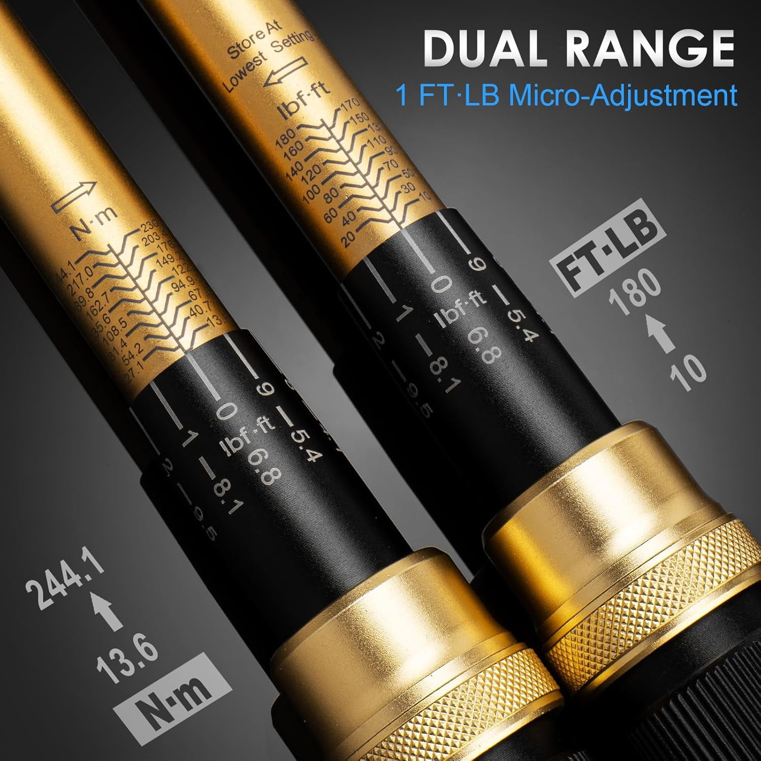 22PCS Torque Wrench Set 1/2" Drive, 10-180 ft.lb/13.6-244.1 Nm, Click ...