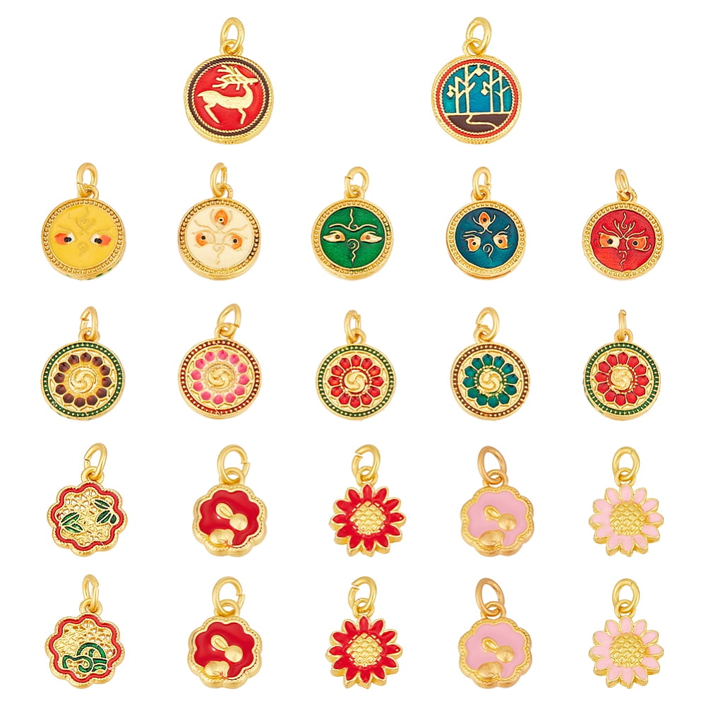 22Pcs 11 Style Rack Plating Alloy Enamel Pendants with Jump Ring Flower ...