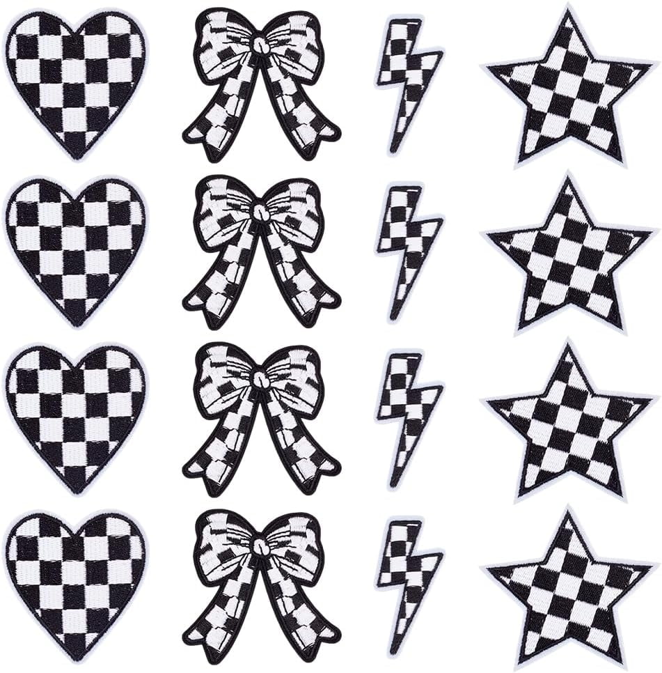 22Pcs 4 Styles Black and White Checkered Iron on Patches Lightning Bolt ...