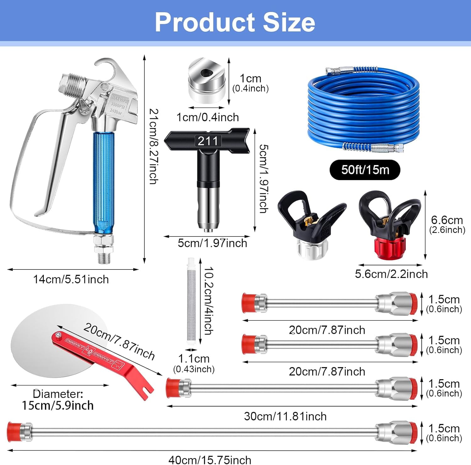 22Pcs Airless Paint Sprayer Gun Kit with 50Ft Hose & 6Pcs Reversible ...