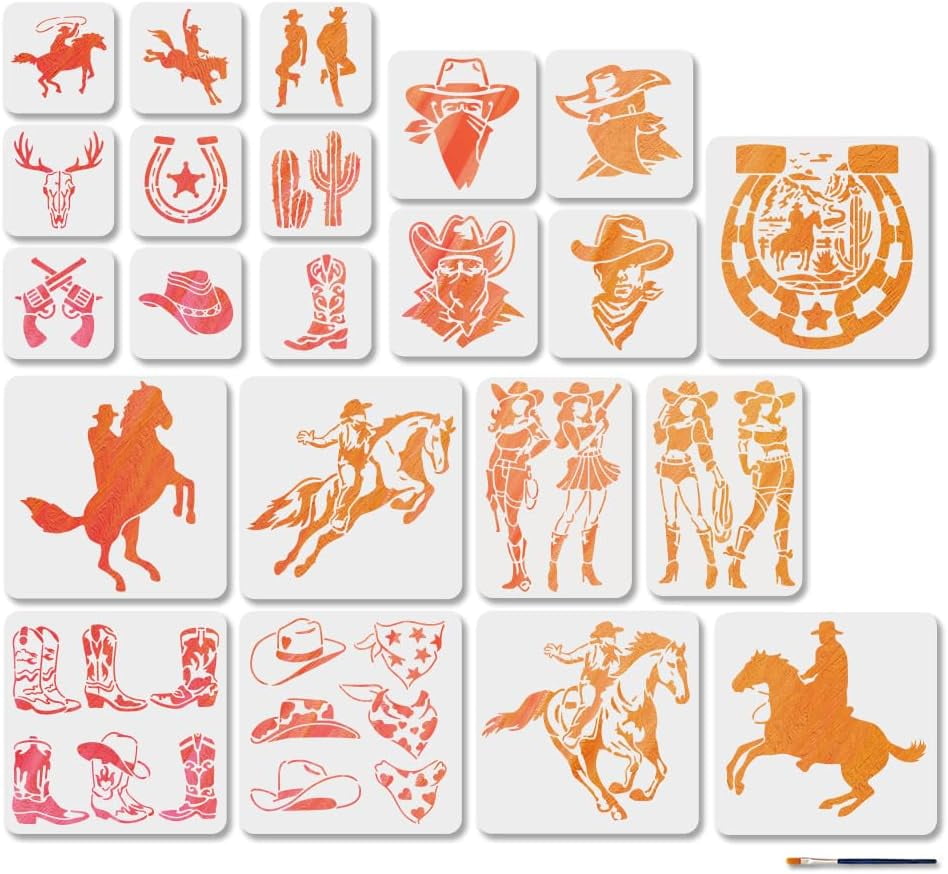 22Pcs Western Cowboy Stencil Set Cowboy Boots Painting Stencils 5.9~11.8inch Reusable Cowgirl ...