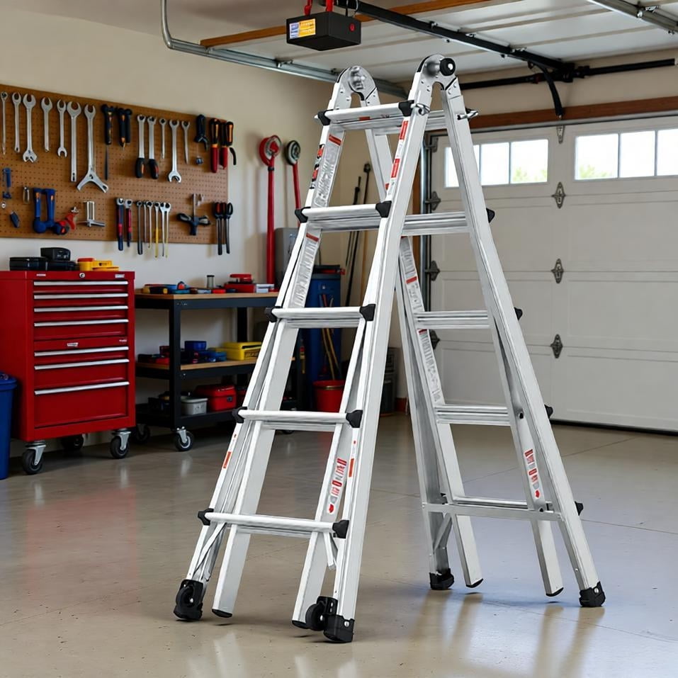 22ft Aluminum Multi Position Ladder with Wheels, 300 lb Type IA Rating ...