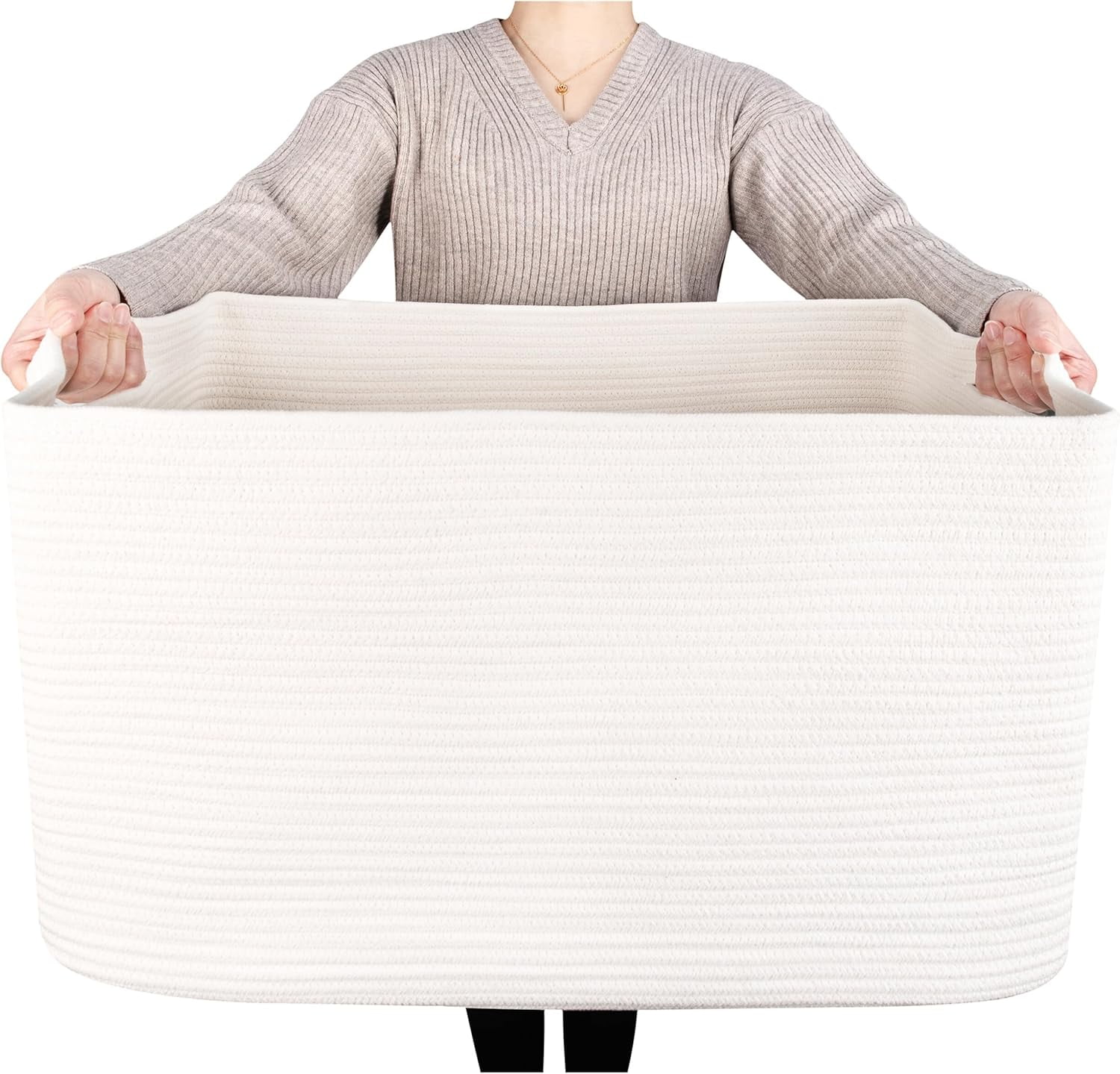 22in Extra Large Blanket Basket Holder Living Room, Rectangle Rope ...