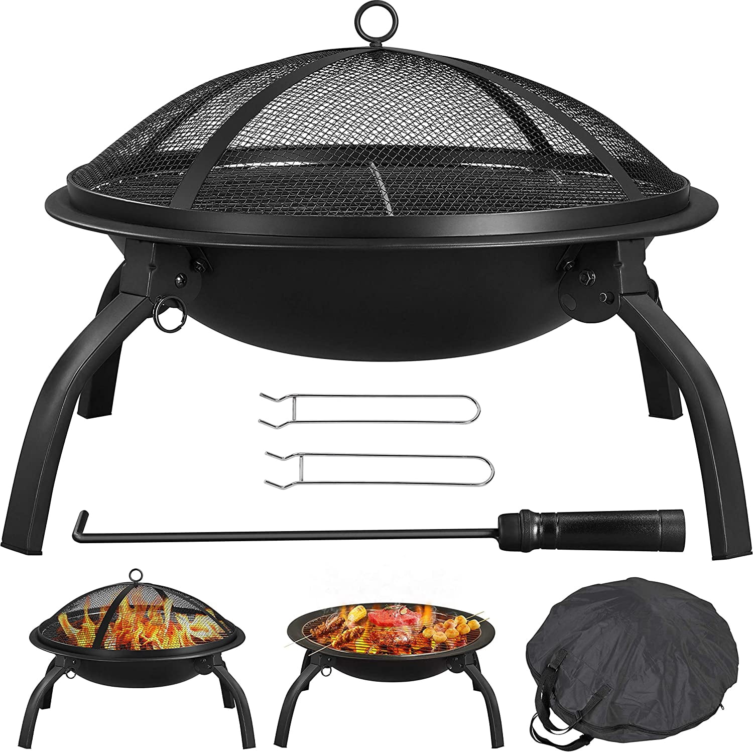 22in Folding Firepits BBQ Fireplace with Steel Grill, Cooking Grate and for Outdoor Camping ...