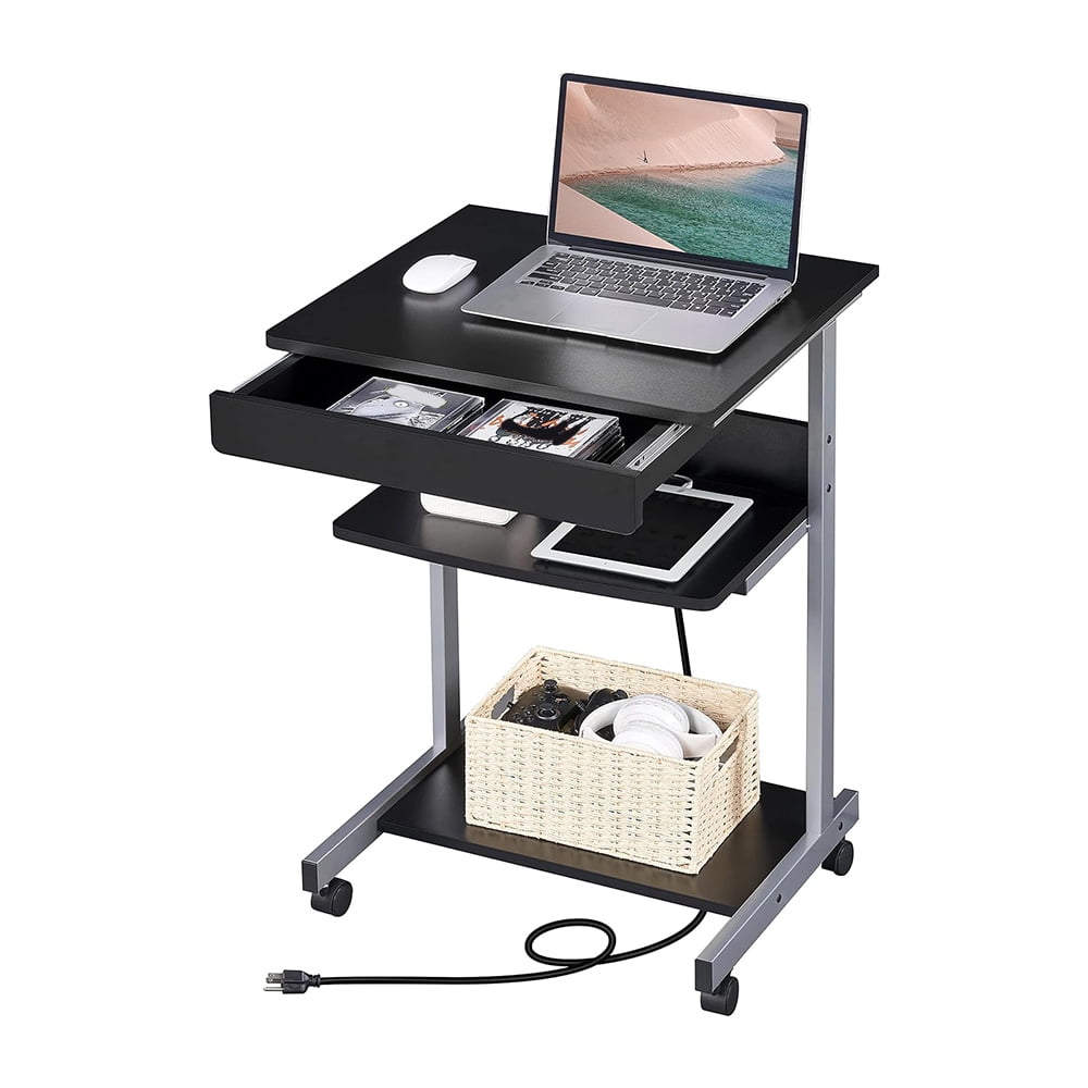 22in Mobile Laptop Desk, Compact Computer Table on Wheels with Power ...