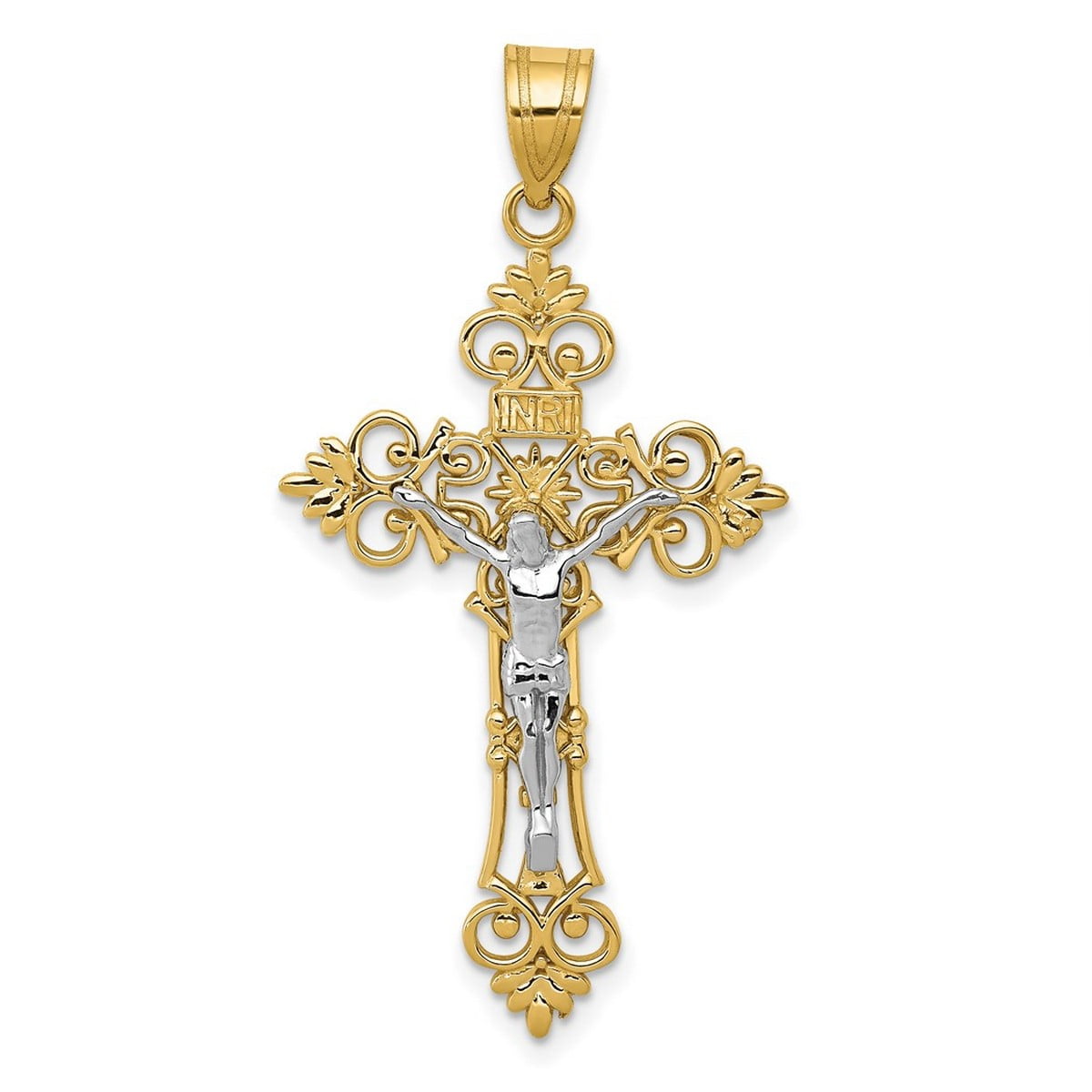 22mm 10k Two tone Gold Large Lacey edged Inri Crucifix Pendant Necklace ...
