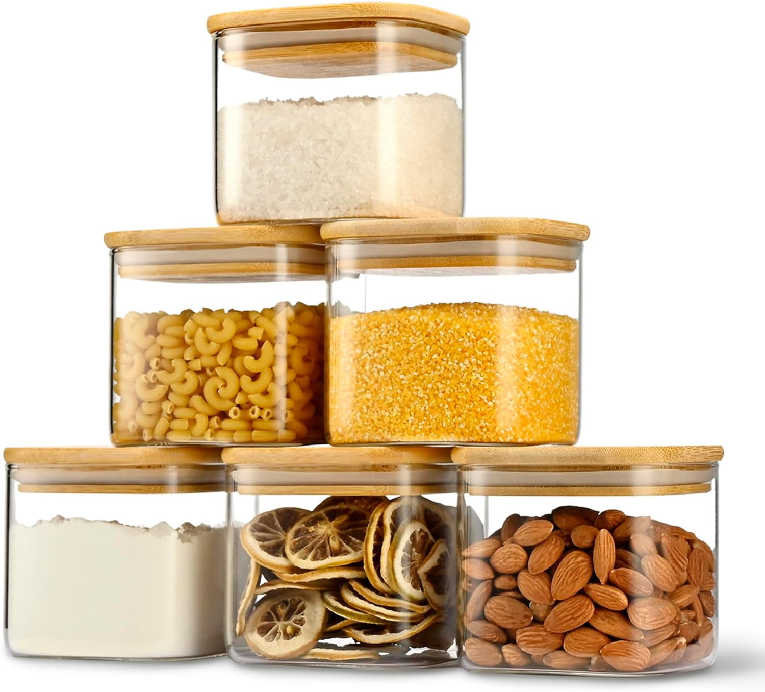 22oz Airtight Square Spice Containers with Bamboo Lid Set of 6 (650ml ...