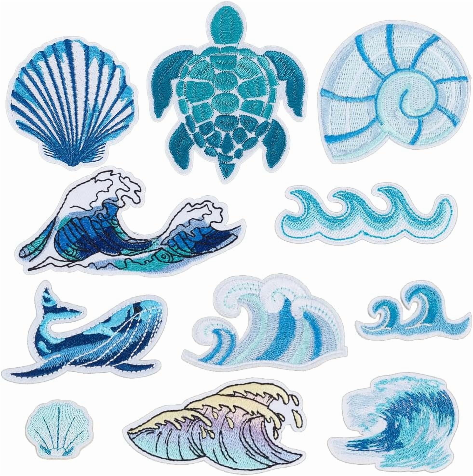 22pcs 11 Styles Ocean Theme Embroidered Patch Wave Whale Shell Shape ...