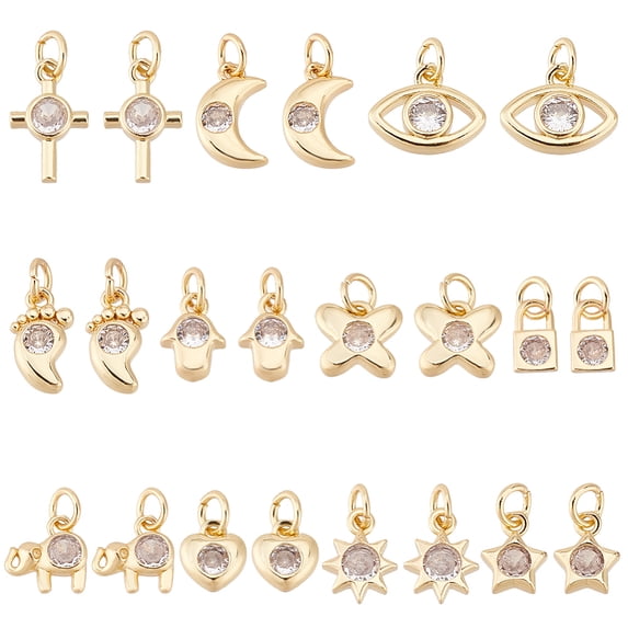 22pcs 11 styles Brass Micro Pave Clear Cubic Zirconia Charms with Jump ...