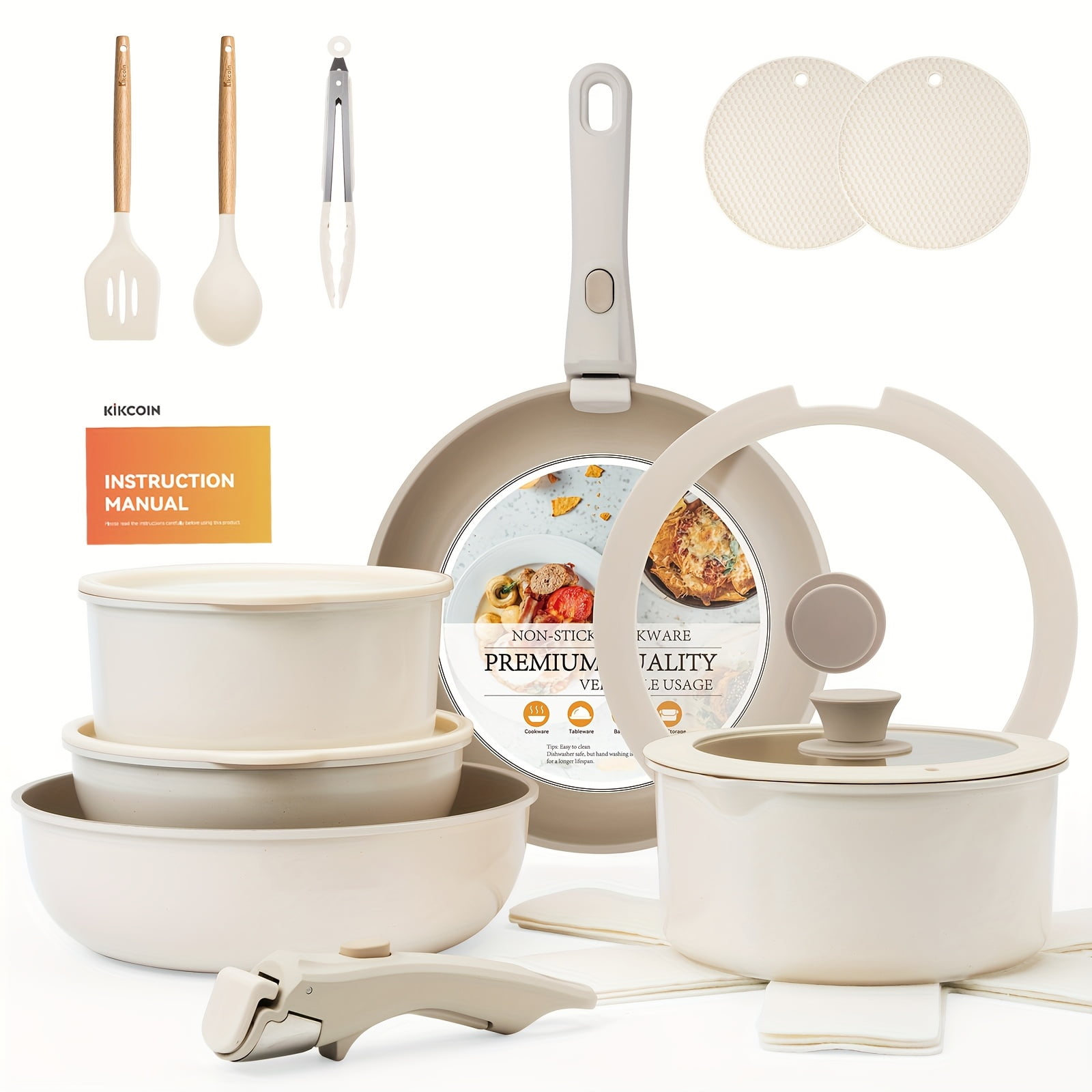 22pcs Non-Stick Ceramic Cookware Set - Removable Handles, Space-Saving ...