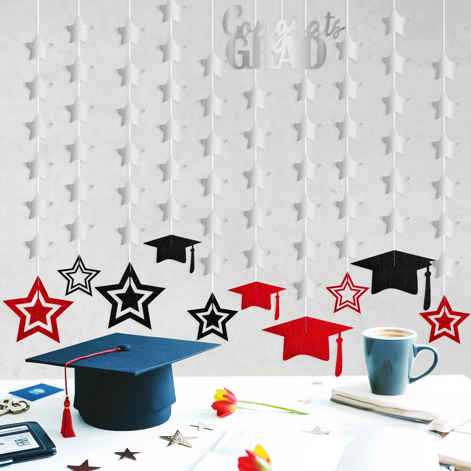 22pcs Red and Black STF9 Graduation Hat Star Garland Hanging Graduation ...