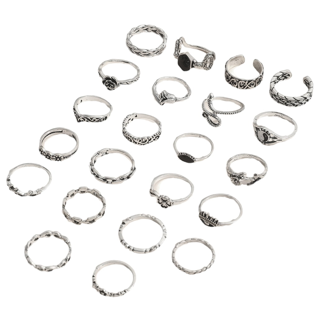 22pcs Set of Vintage Inspire Rings with Intricate Flower and Snake Yin ...