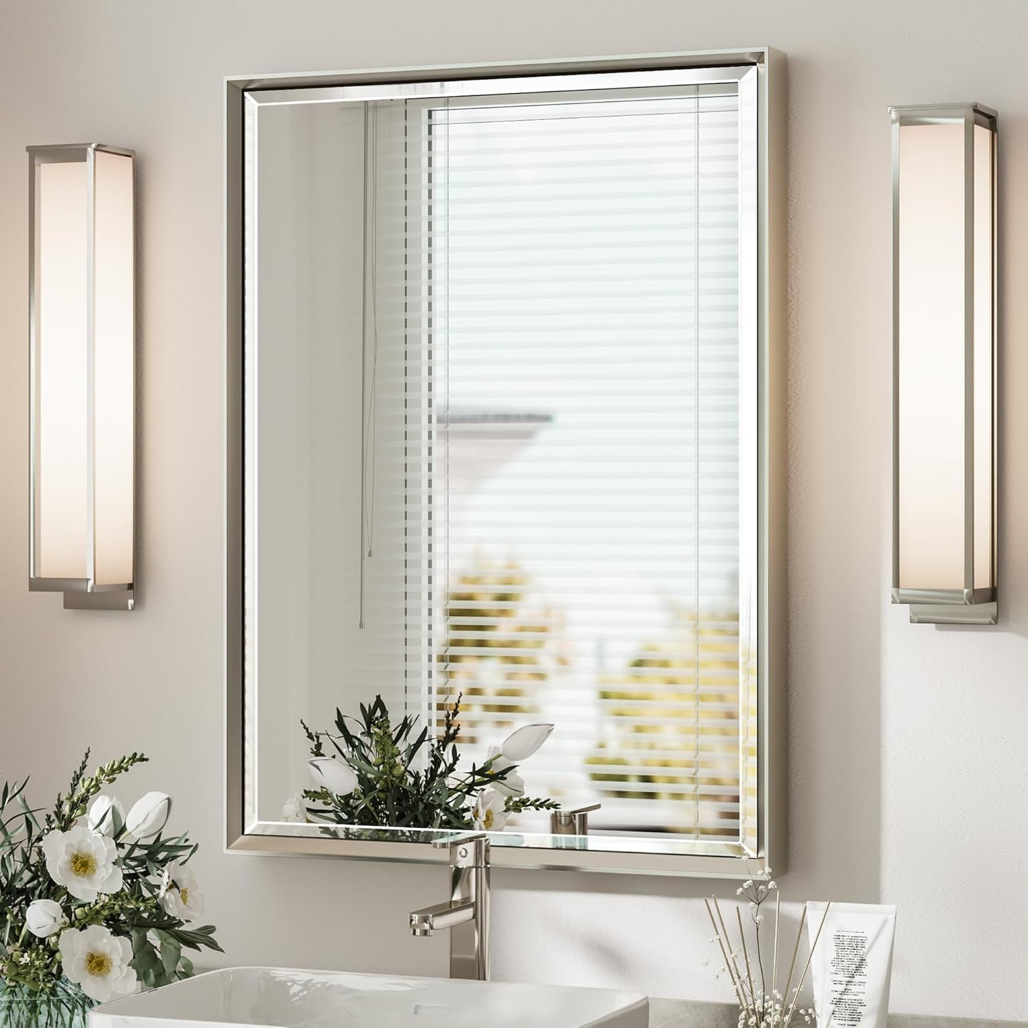 22x30" Brushed Nickel Beveled Bathroom Mirror for Wall - Anti-Rust ...