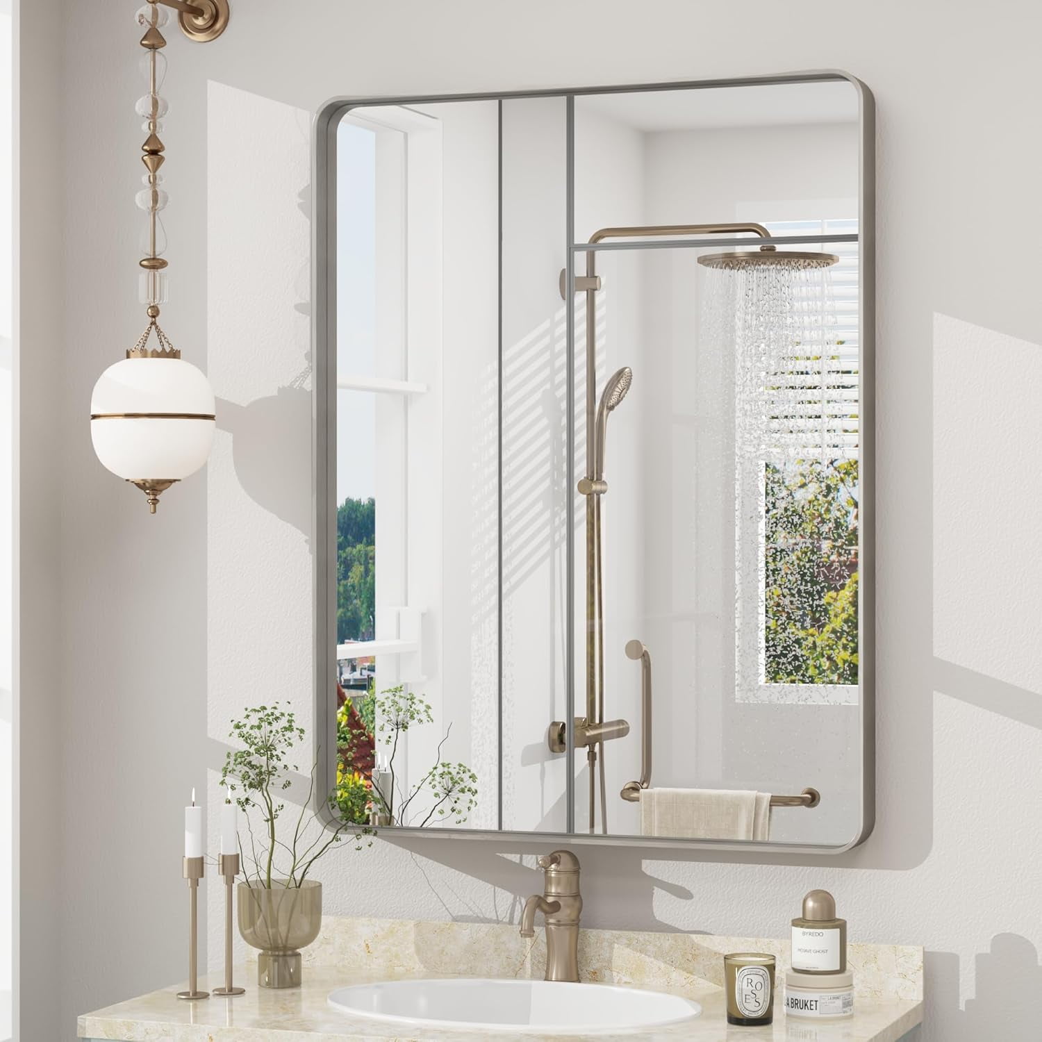22x30 Inch Silver Bathroom Mirror, Brushed Metal Framed Vanity Mirror ...