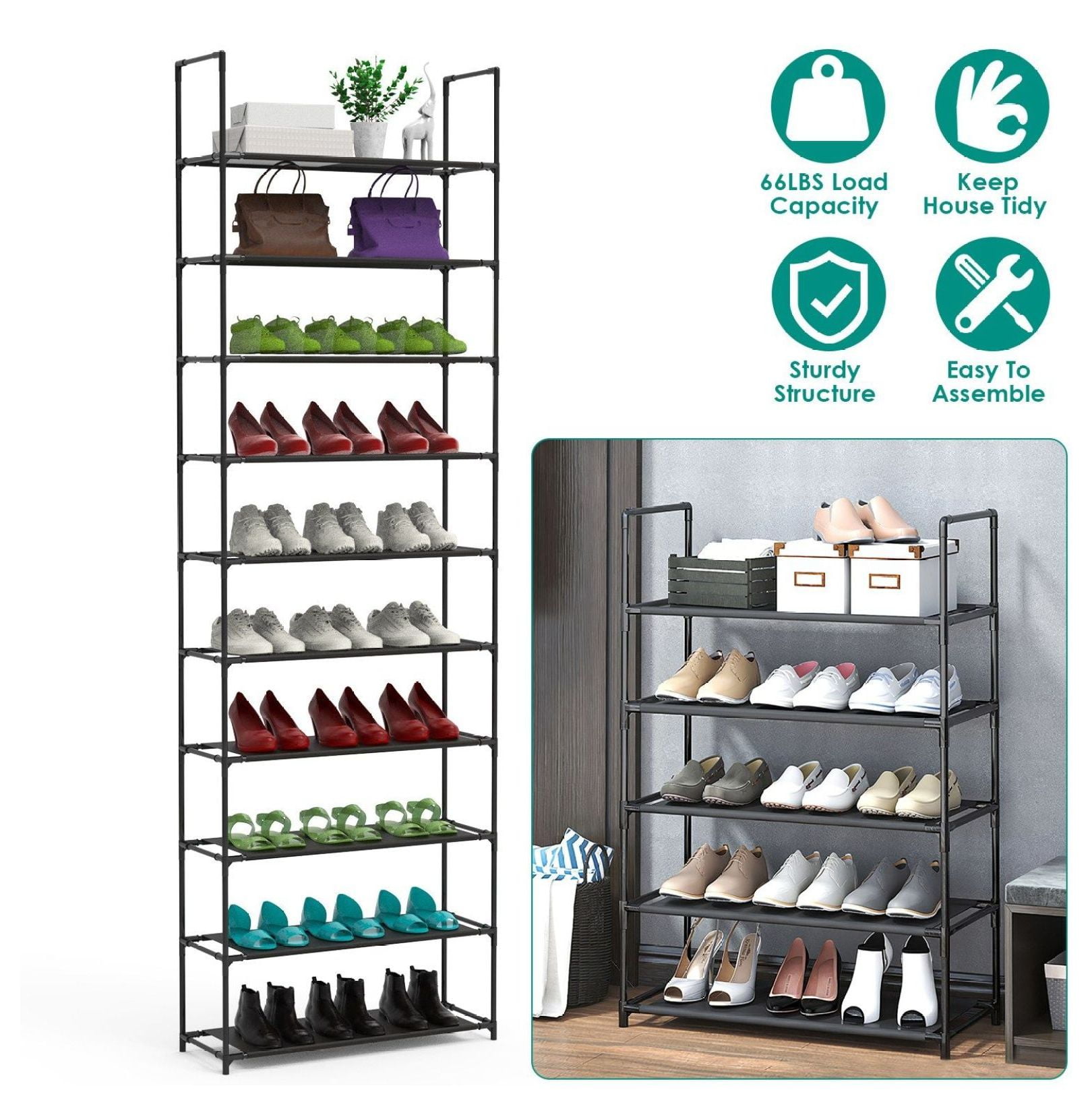 23.03x10.82x72.83in 10-Tier Shoe Rack - Heavy Duty Steel Frame, 66lbs ...