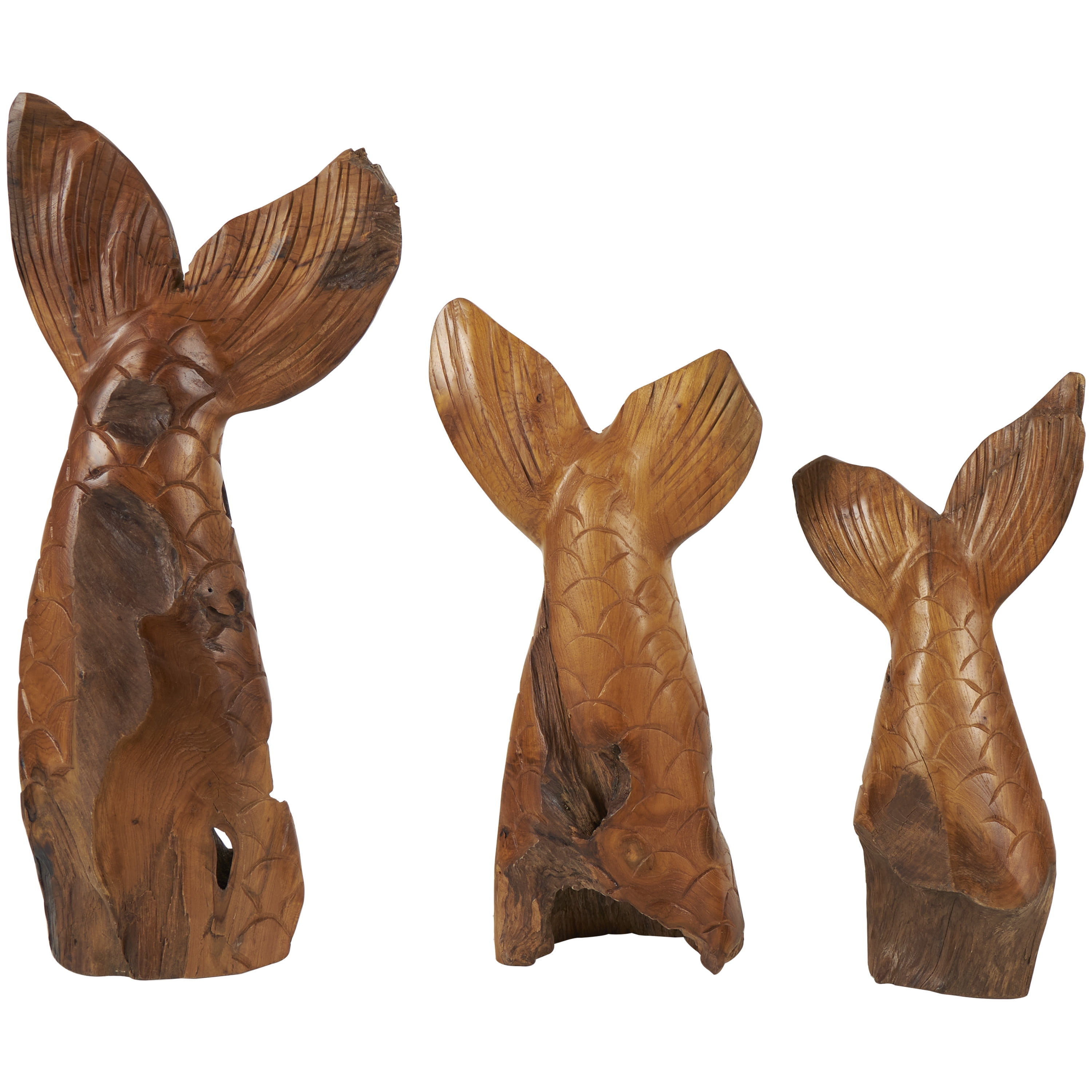 23", 18", 16"H Brown Teak Wood Handmade Tail Live Edge Whale Sculpture ...