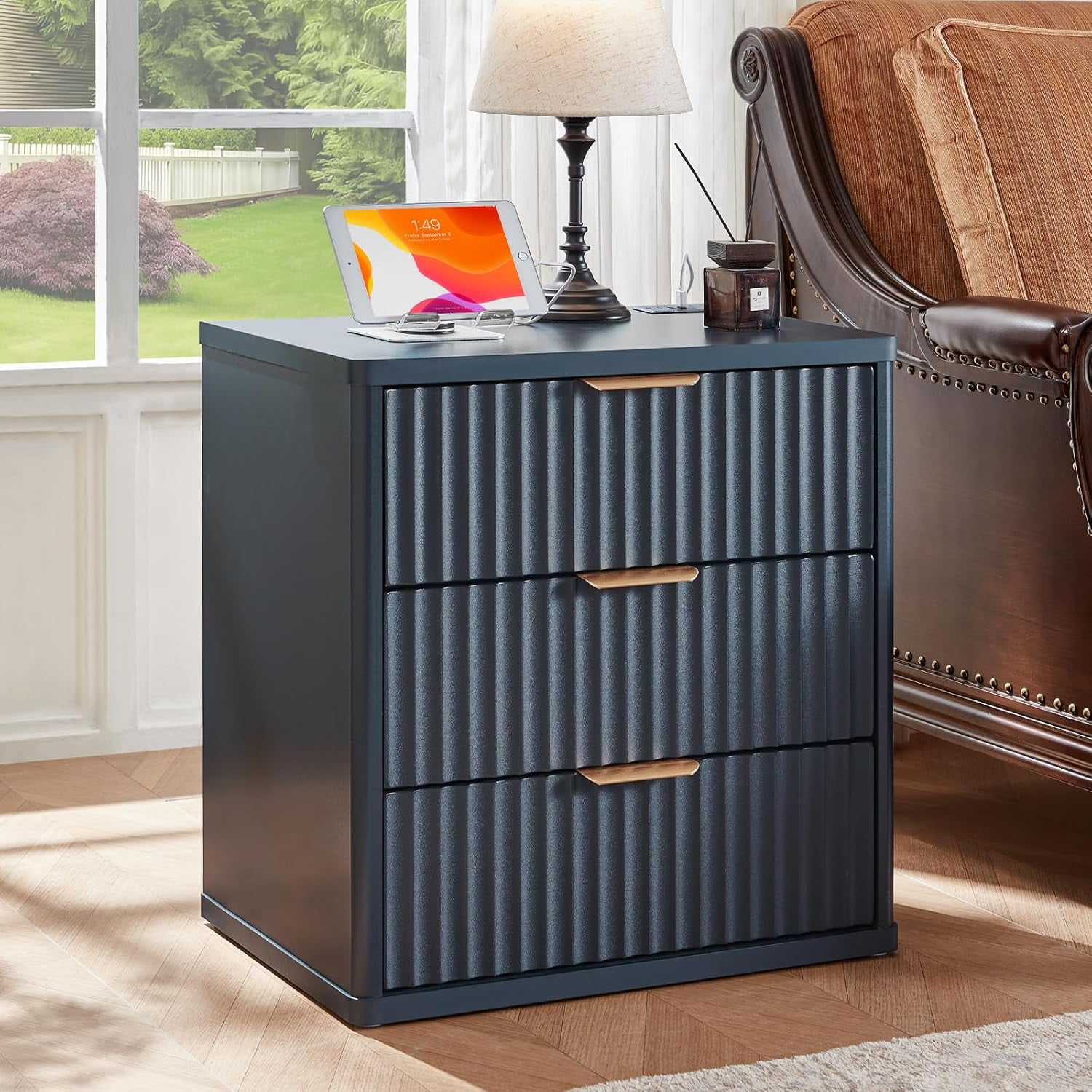 23" Wide Fluted Night Stand with Charging Station 3 Drawers Large End ...
