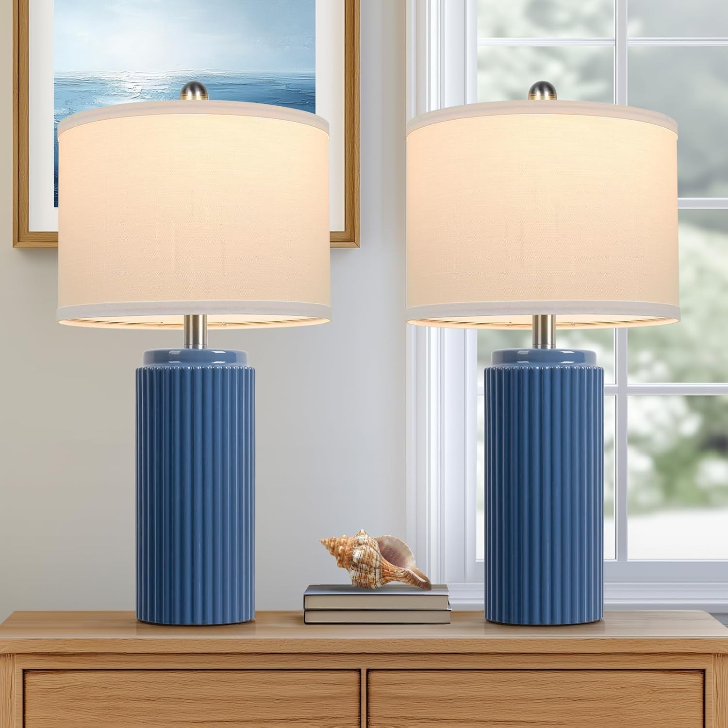23.5’’ Blue Table Lamps for Bedroom Set of 2, Modern Farmhouse Ceramic ...