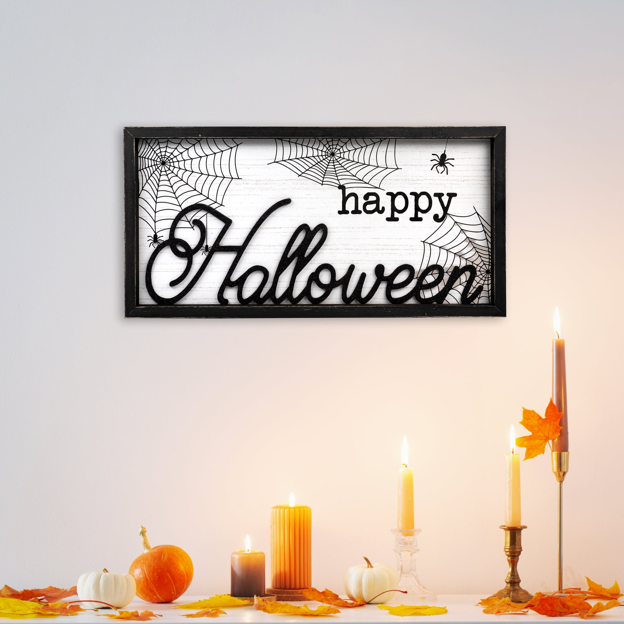 Northlight 23.5in Wooden Happy Halloween Wall Sign with Glitter Spiders ...