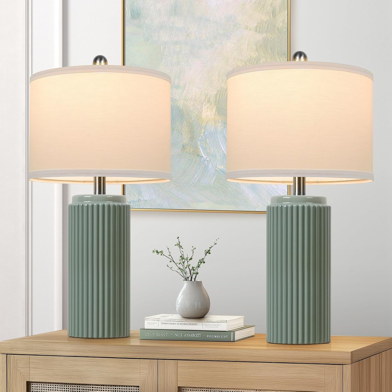 23.5’’ Modern Green Ceramic Table Lamps Set of 2 for Living Room, Farmhouse Ceramic Bedside ...