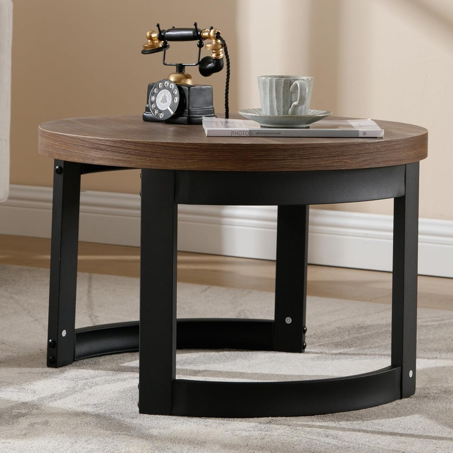 23.5" Round Coffee Table, Modern Walnut Wood Coffee Table for Living ...