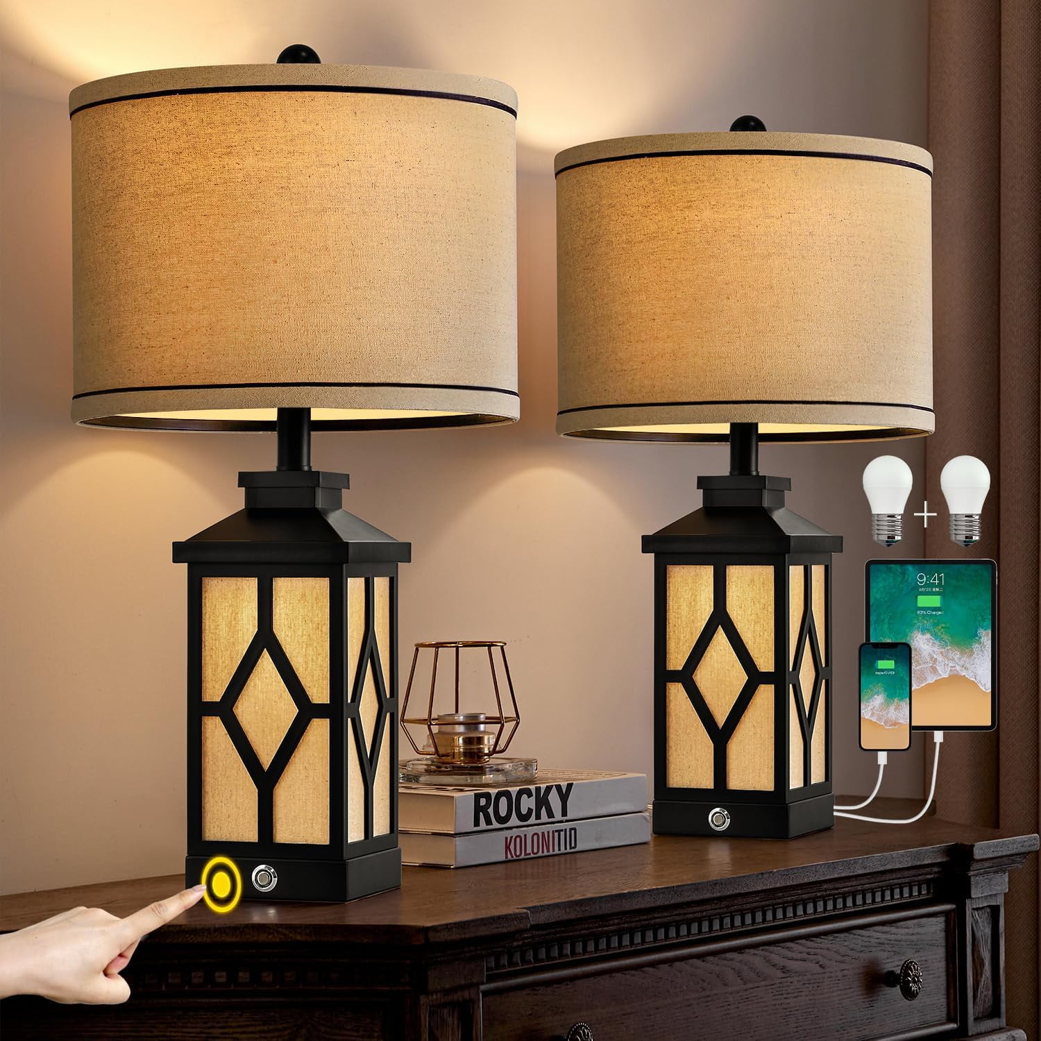 23.5" Table Lamps Set of 2 Modern Farmhouse Bedside Lamps with USB A+C ...