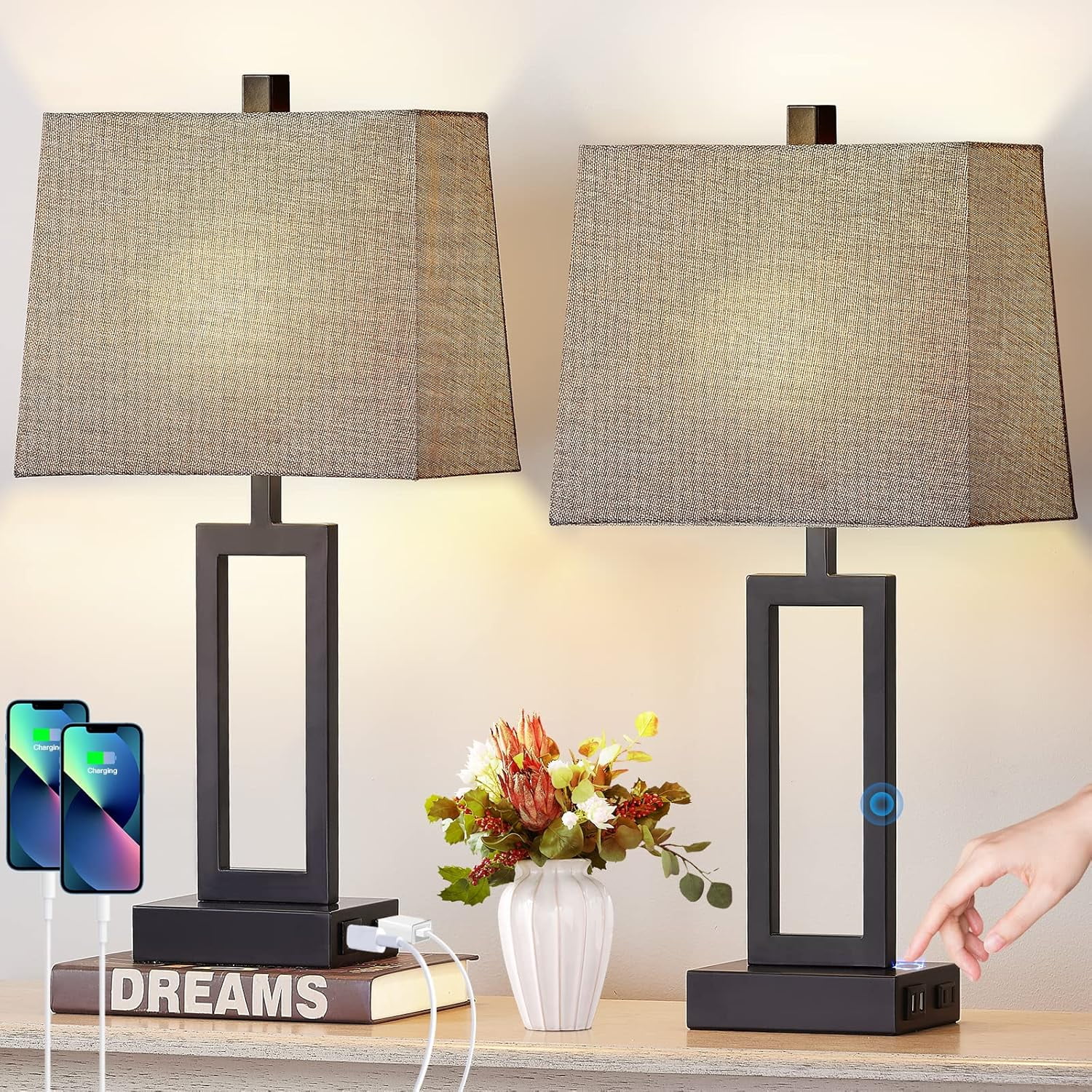 23.5" Touch Control Table Lamps Set of 2, Bedside Lamp with 2 USB Ports ...